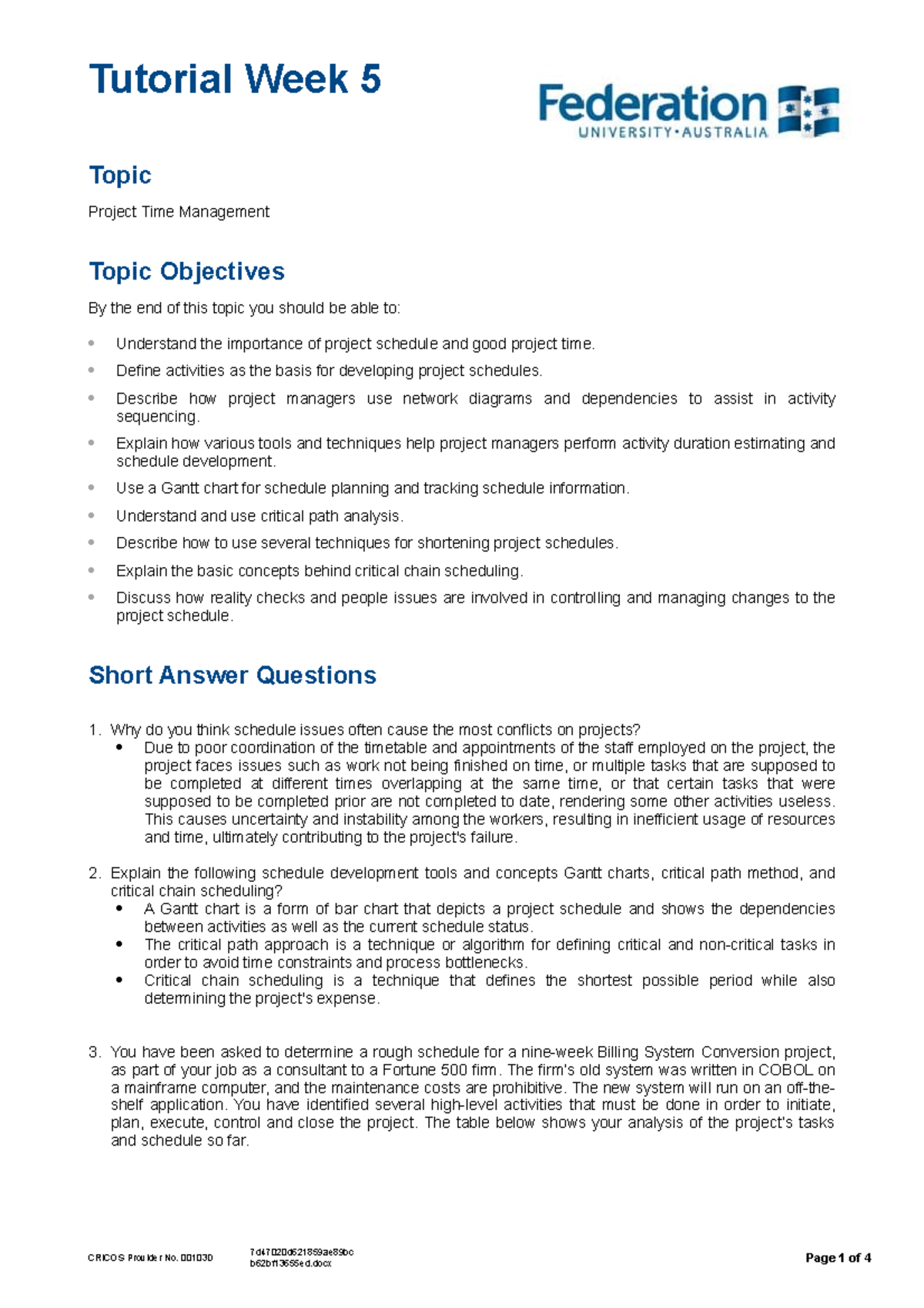 Week 5 Tutorial Solutions - Topic Project Time Management Topic ...