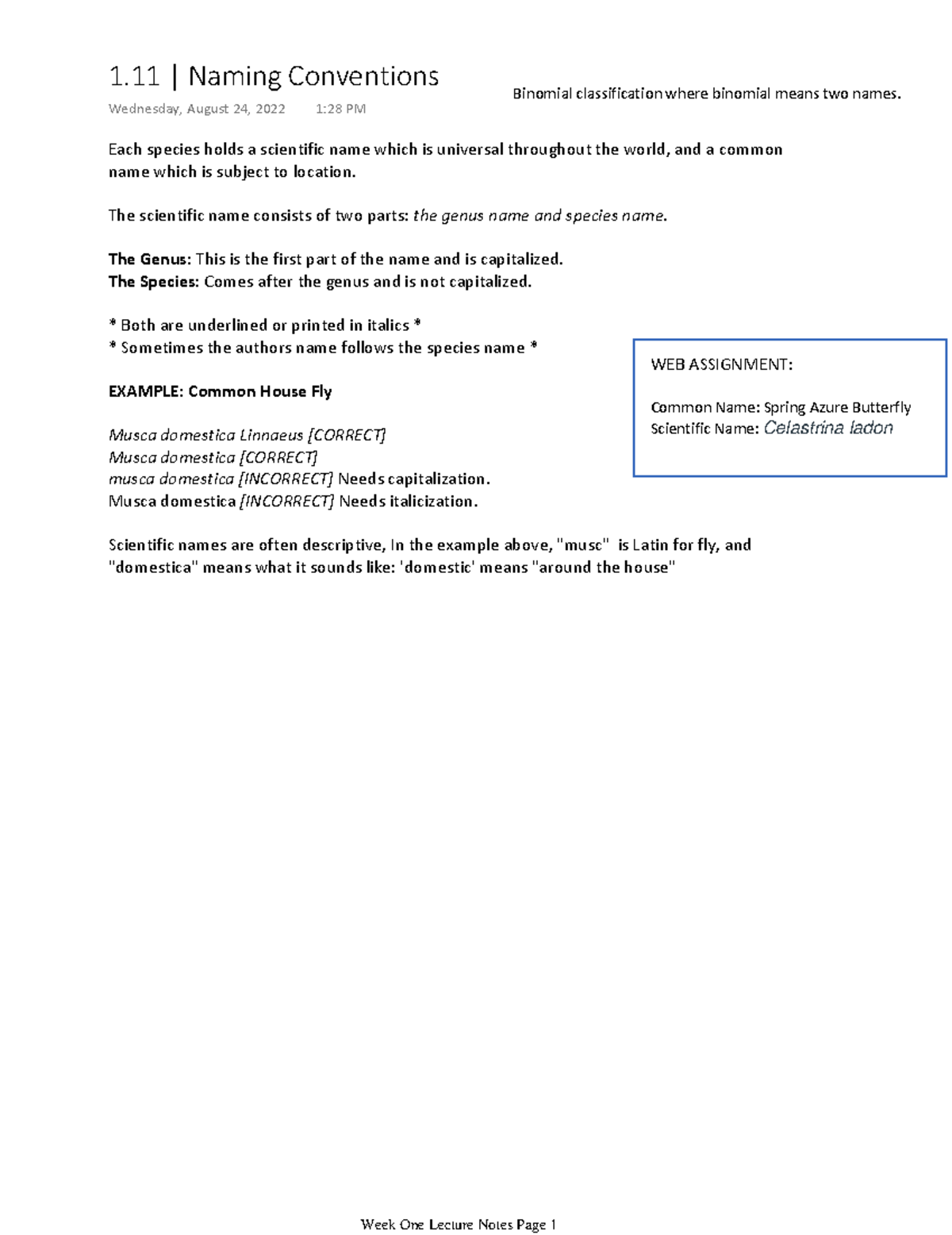 08-24-22 Lecture 1.11 Naming Conventions - Each species holds a ...