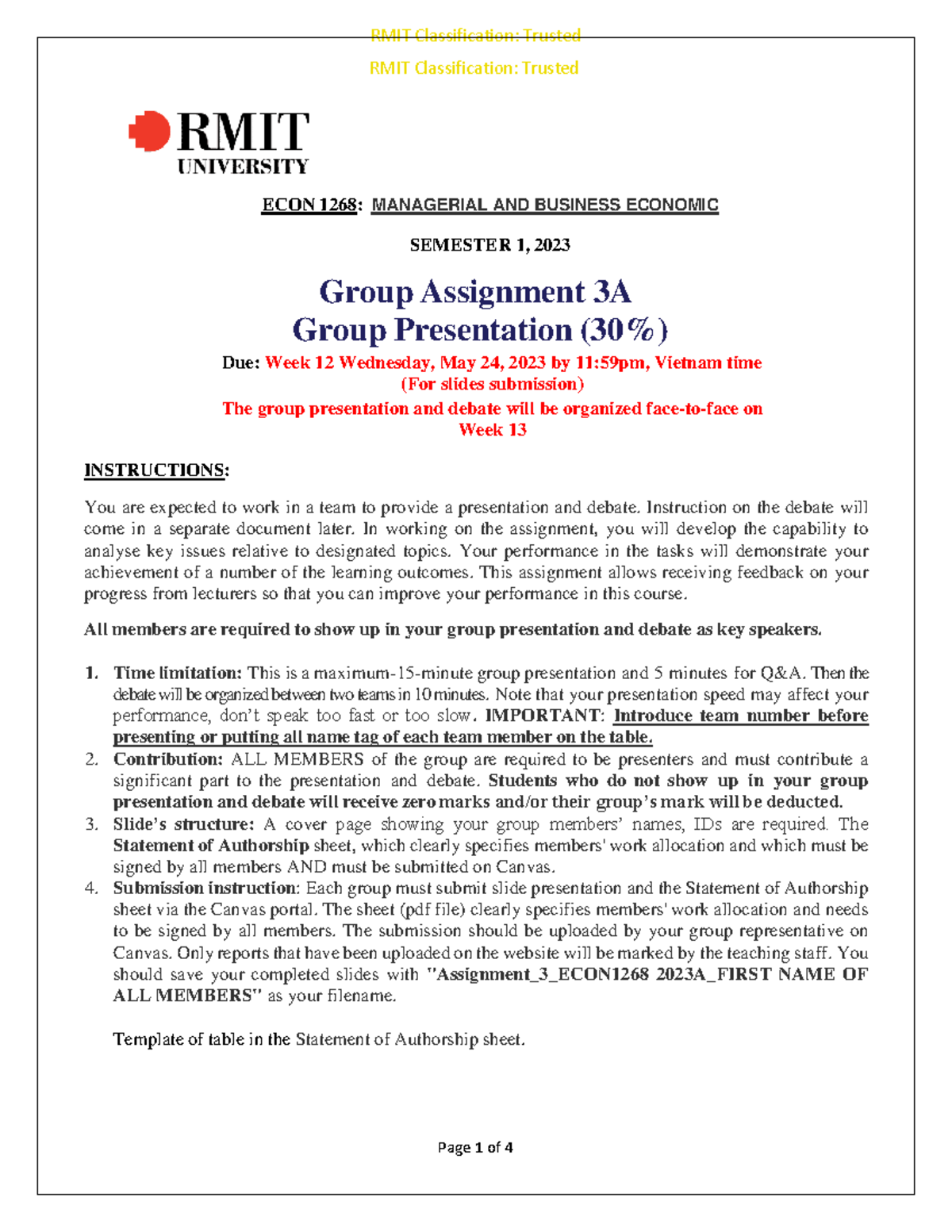 Assessment 3 S1 2023 final - RMIT Classification: Trusted ECON 1268 : MANAGERIAL AND BUSINESS ...