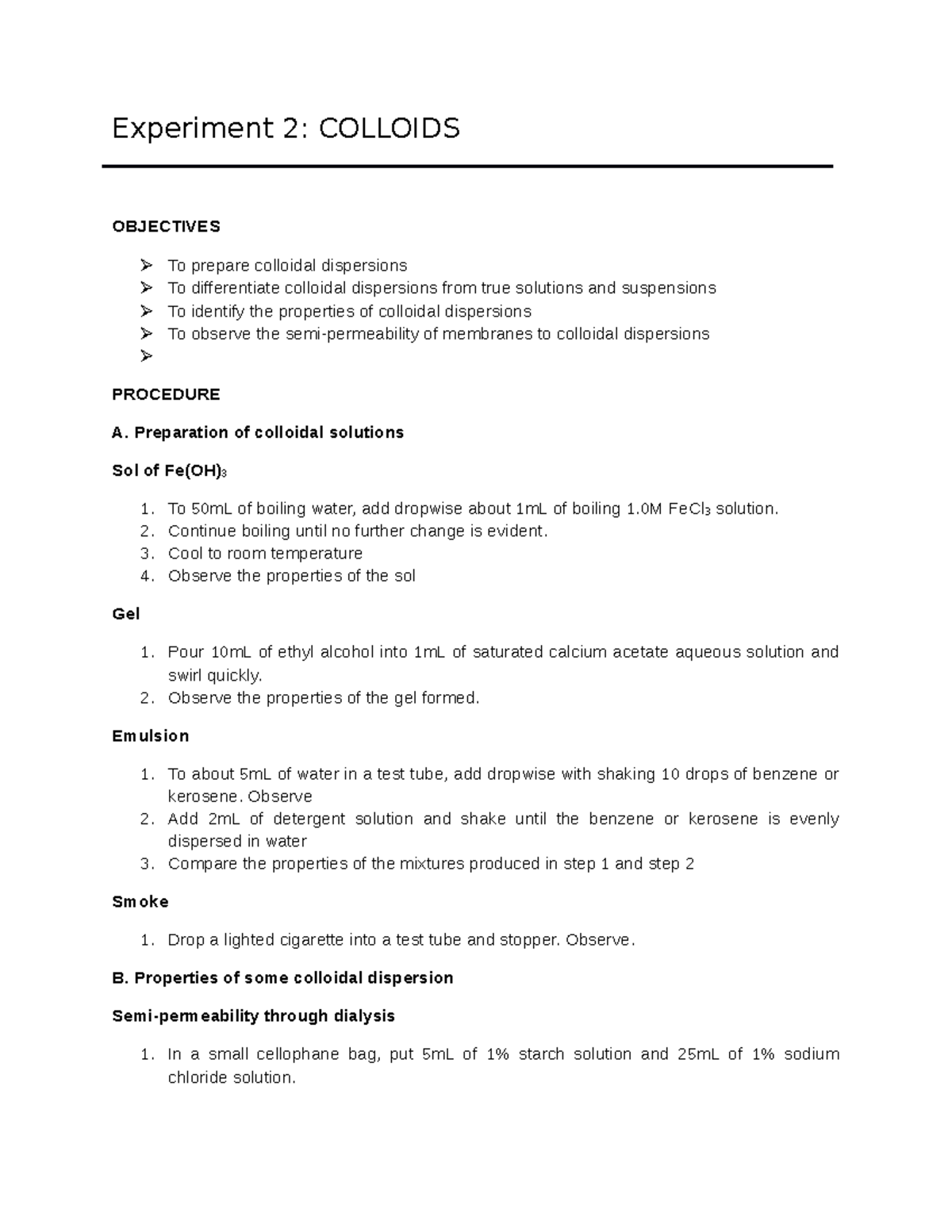 Bio Chem Experiment 2 - Experiment 2: COLLOIDS OBJECTIVES To prepare ...