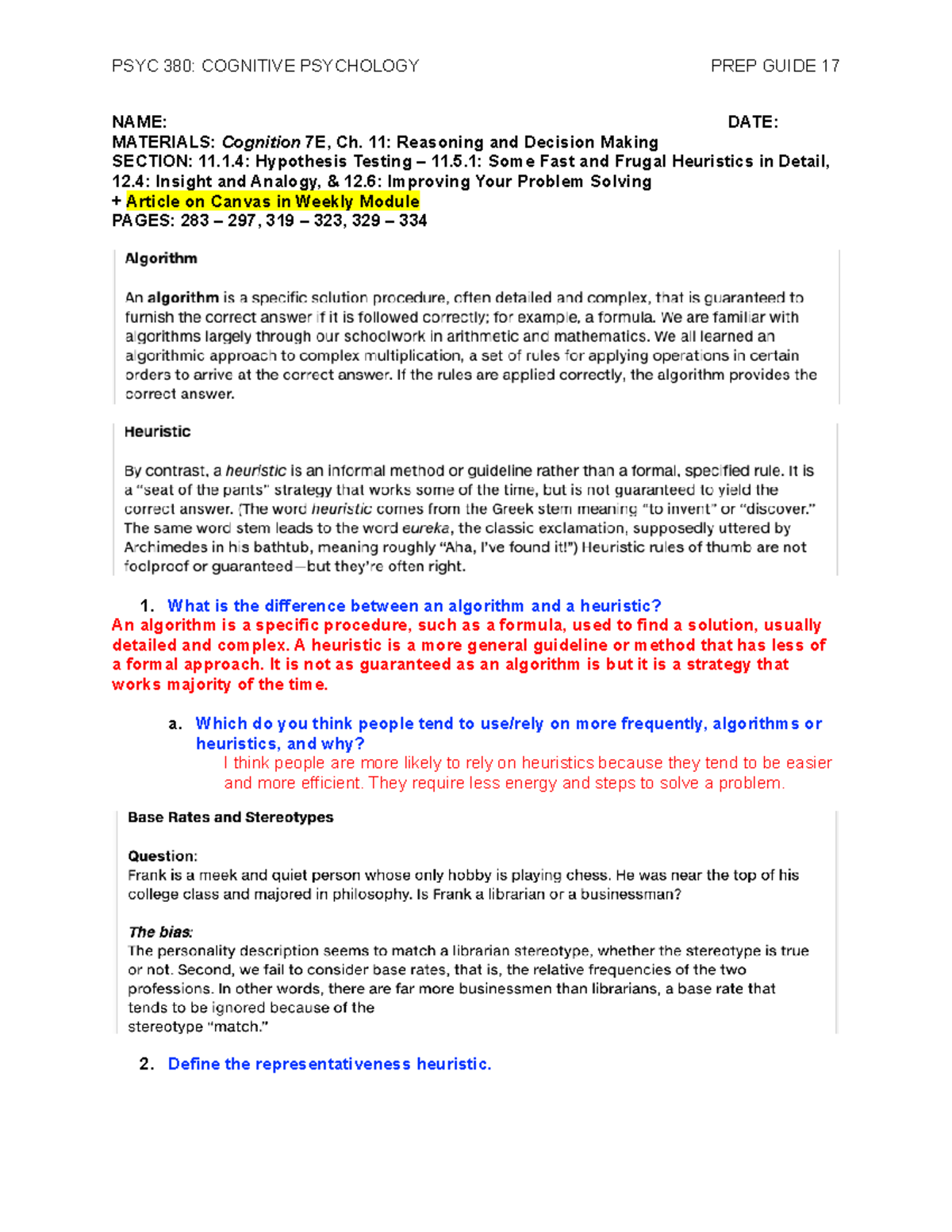 PG 17 SP22-2 - prep guide - NAME: DATE: MATERIALS: Cognition 7E, Ch. 11 ...