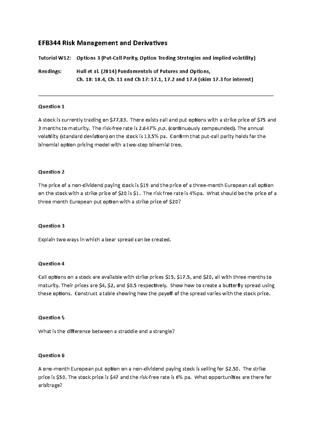 EFB344 SEM1 2023 Tutorial W12 Questions - EFB344 Risk Management and Derivatives Tutorial W12 ...