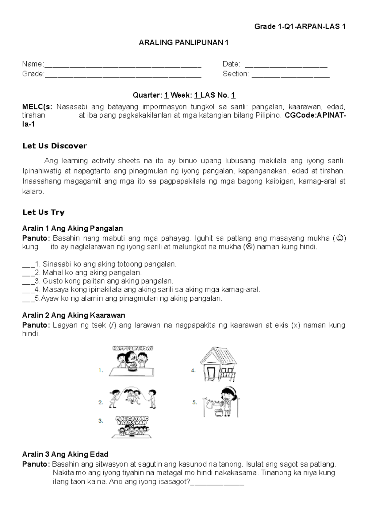 Grade 1-Q1- Arpan-LAS 1 - Grade 1-Q1-ARPAN-LAS 1 ARALING PANLIPUNAN 1 ...