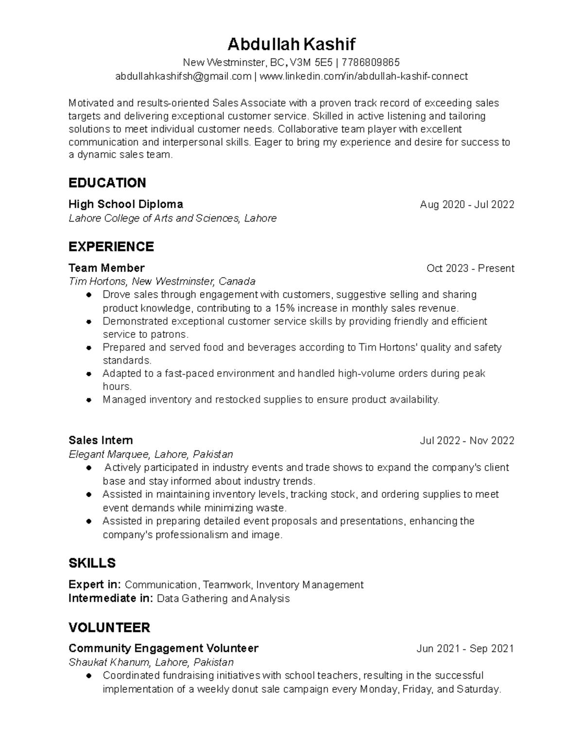 Resume unedited - Abdullah Kashif New Westminster, BC, V3M 5E5 ...