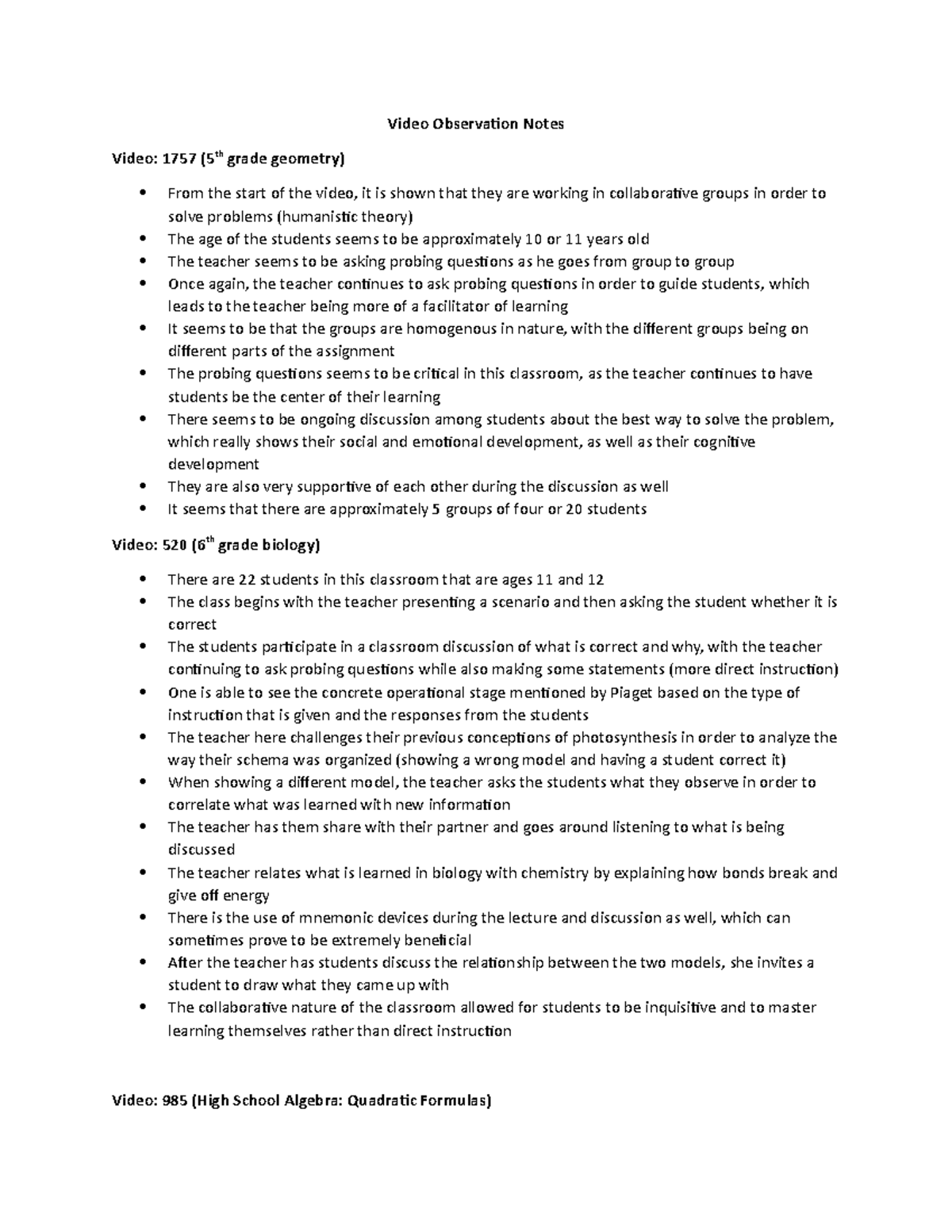 Video Observation Notes - Video Observation Notes Video: 1757 (5th ...