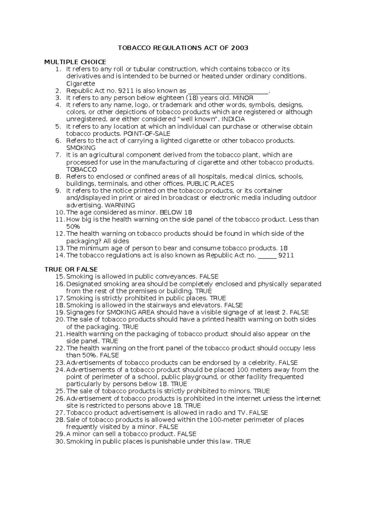 Tobacco Regulations ACT OF 2003 - TOBACCO REGULATIONS ACT OF 2003 ...