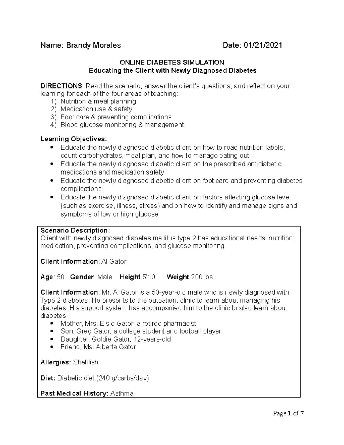 Diabetes Online Scenarios - Spr 2021 - Name: Brandy Morales Date: 01/21 ...