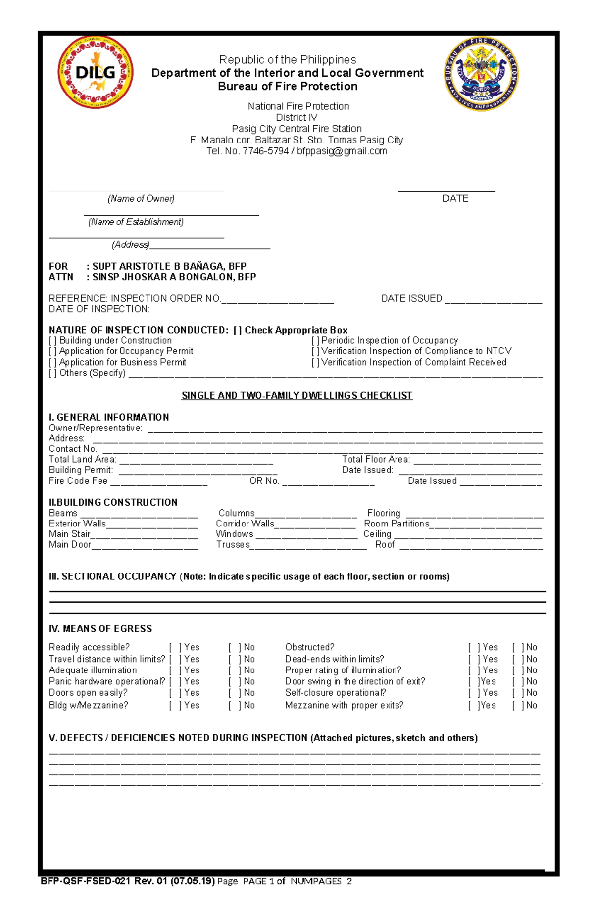 FSED 021 Checklist for Single and Two Family Dwellings Rev01 070519 ...