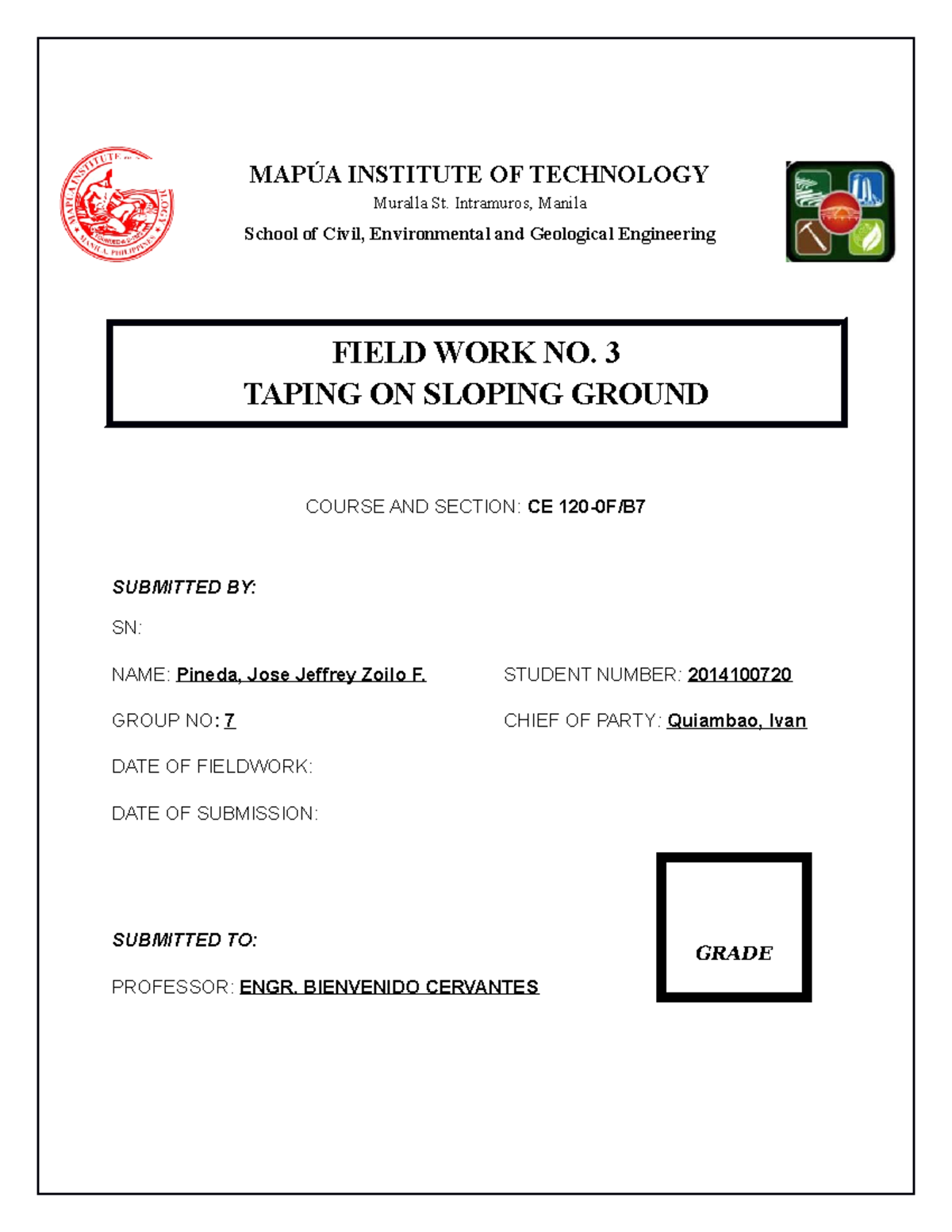 Fieldwork-31 - surveying - MAPÚA INSTITUTE OF TECHNOLOGY Muralla St ...