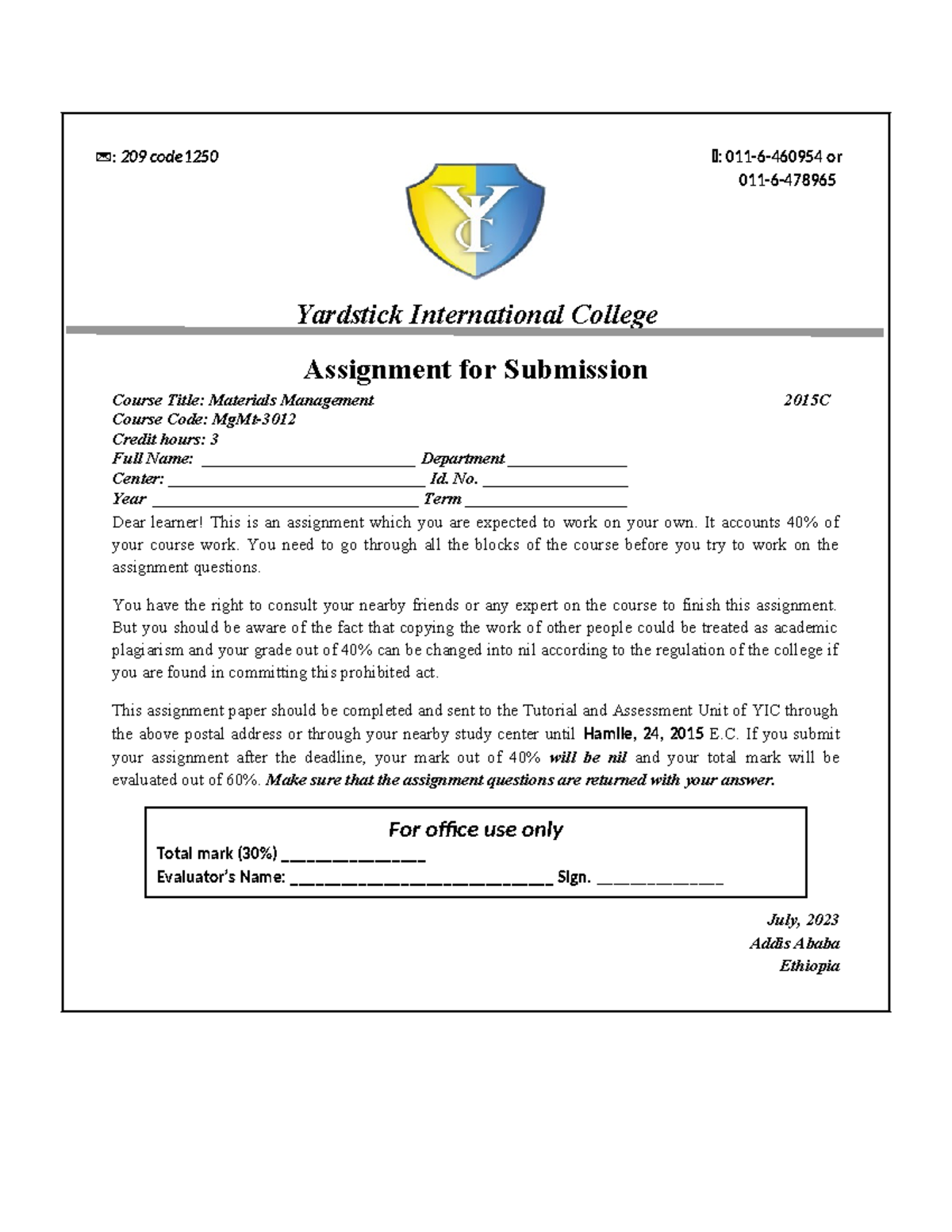 Material Management Question - Yardstick International College ...