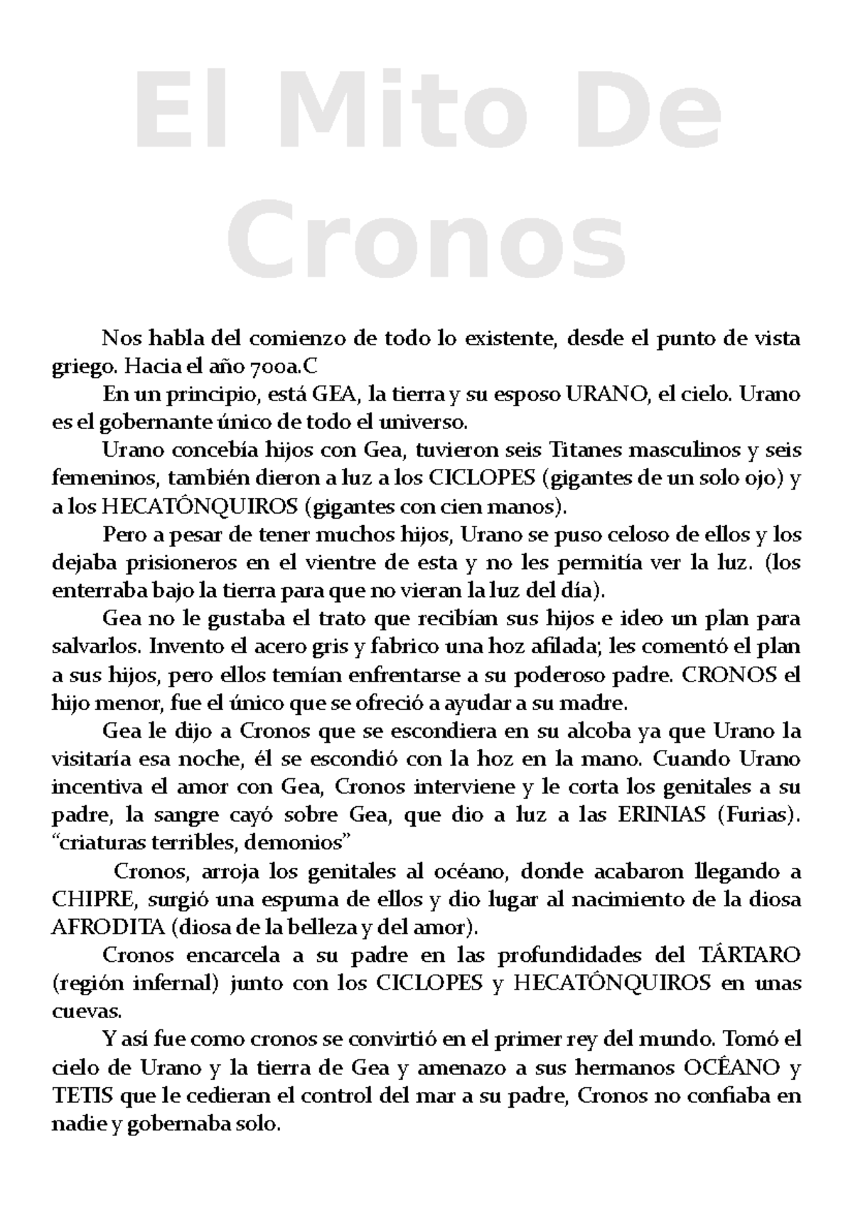 El Mito De Cronos - El Mito De Cronos Nos habla del comienzo de todo lo ...