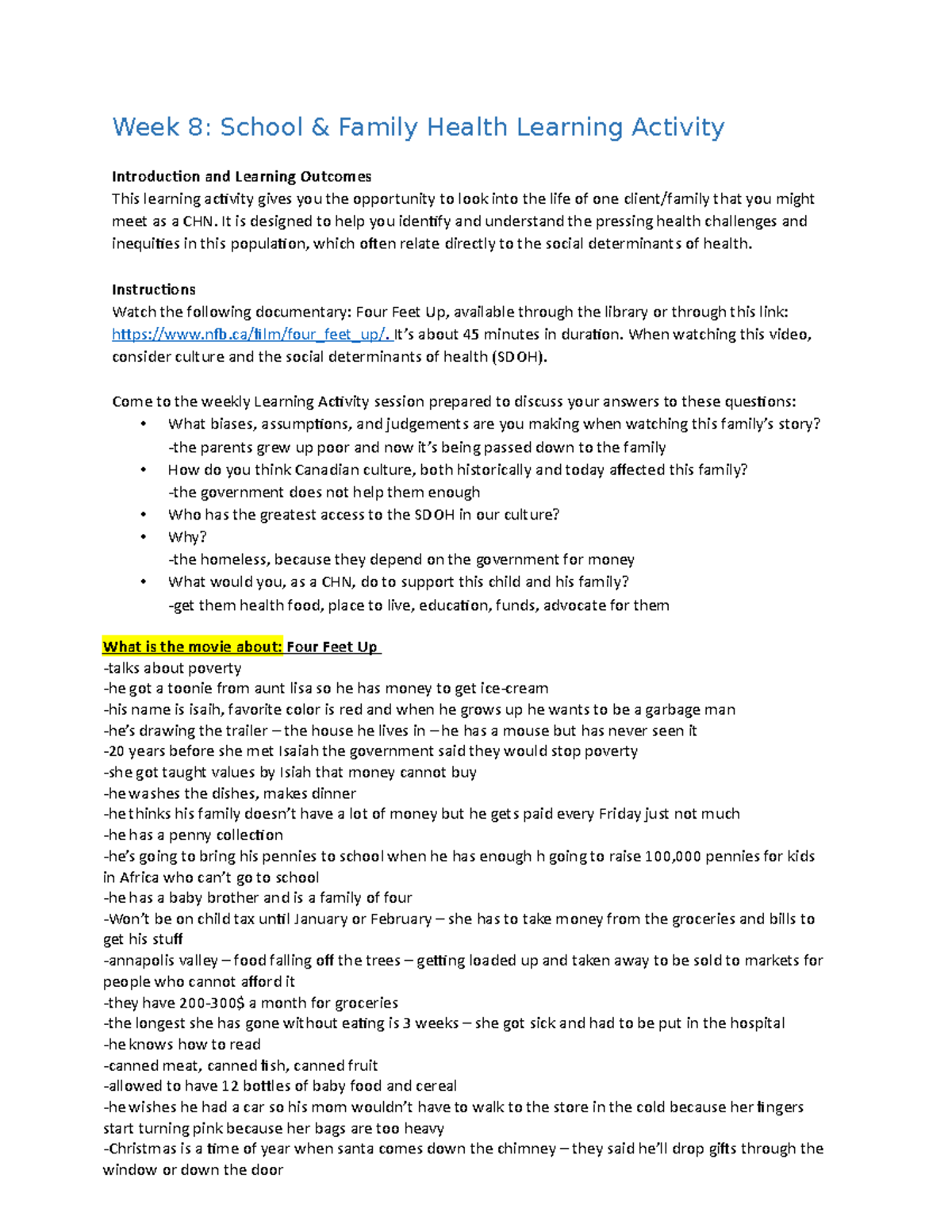 Week 8 Four Feet Up Learning Activity - Week 8: School & Family Health ...