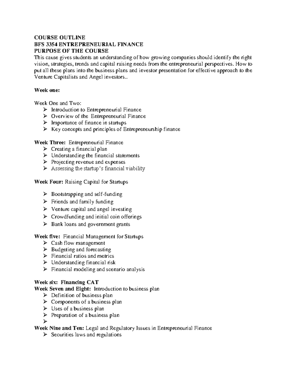 Course Outlinebfs 3354 Entrepreneurial Finance - COURSE OUTLINE BFS ...