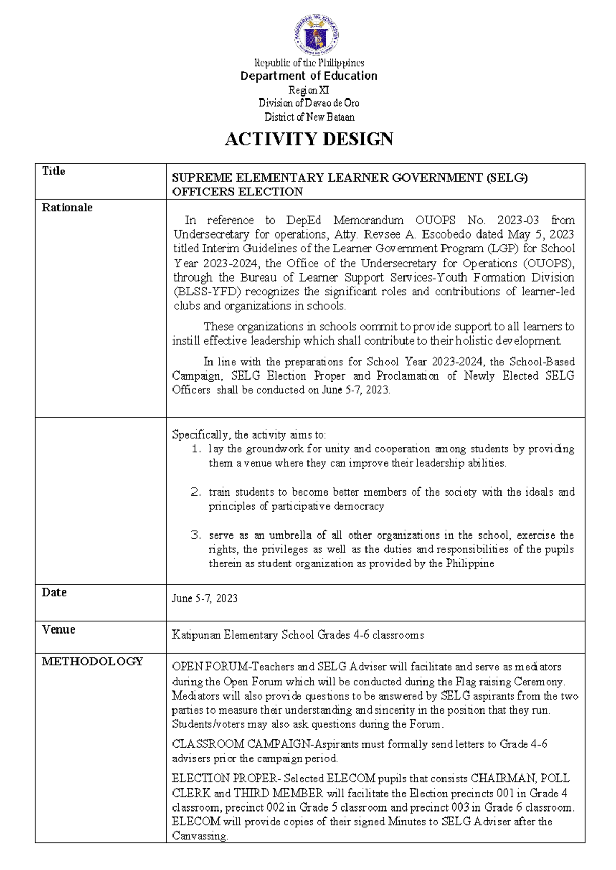 Activity design- SPG Election - Republic of the Philippines Department ...