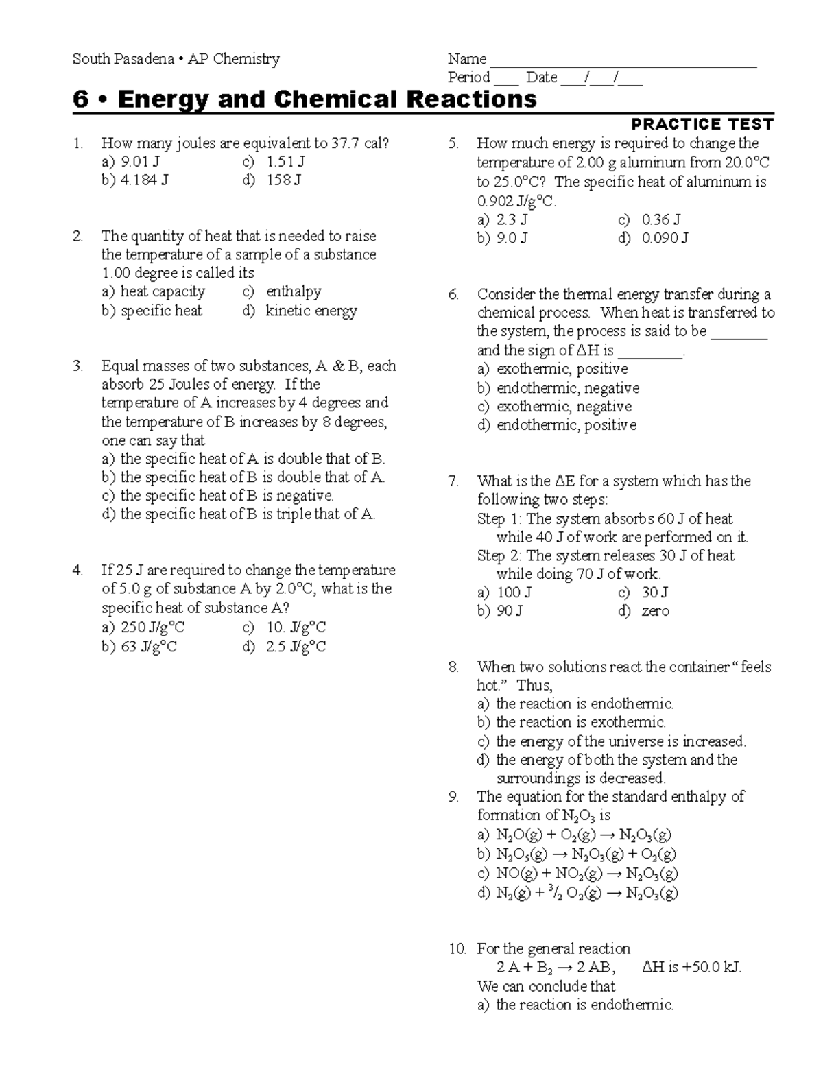 Extra Study Practice Test Thermochemistry 2 - South Pasadena • AP ...