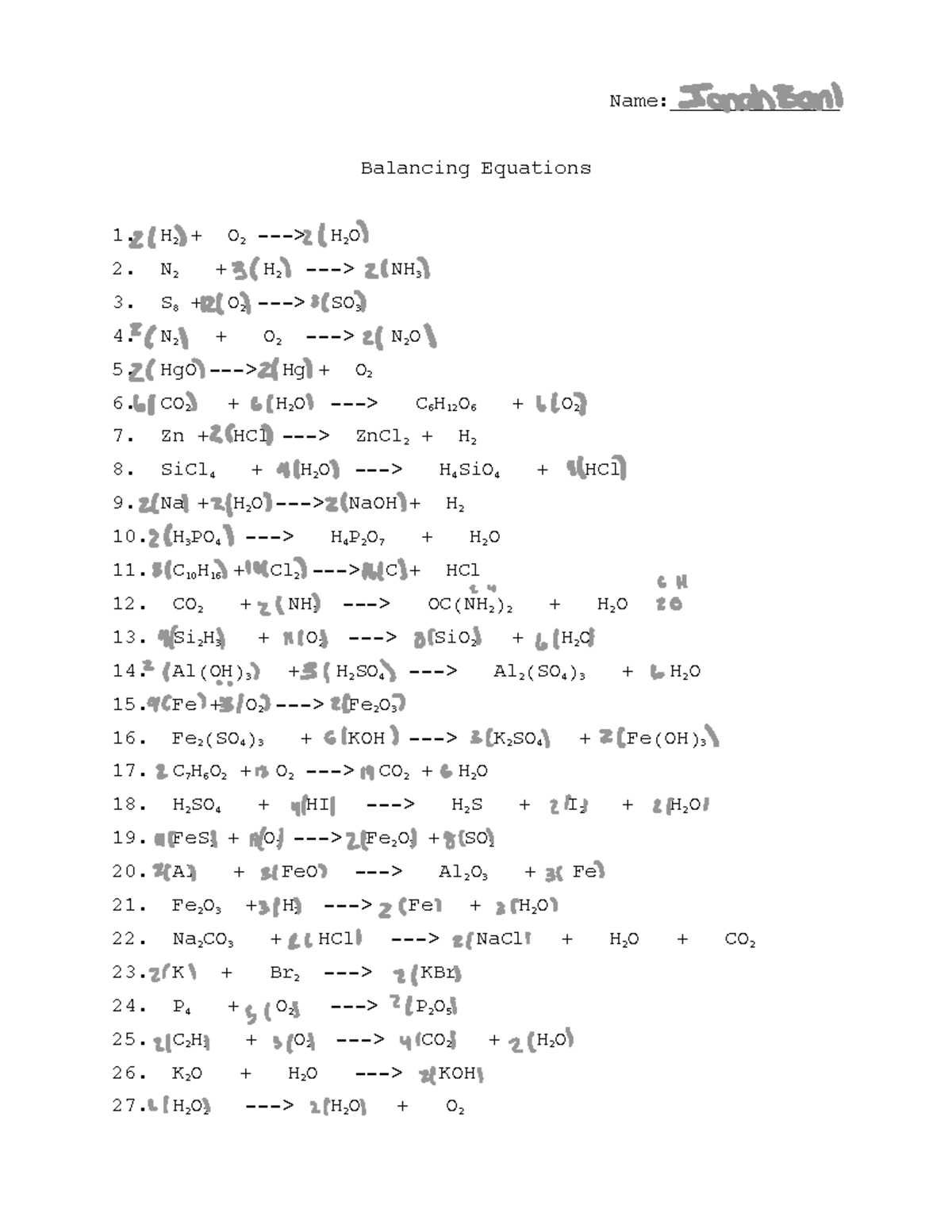 Balancing Equations Classwork - Name:______________ Balancing Equations ...