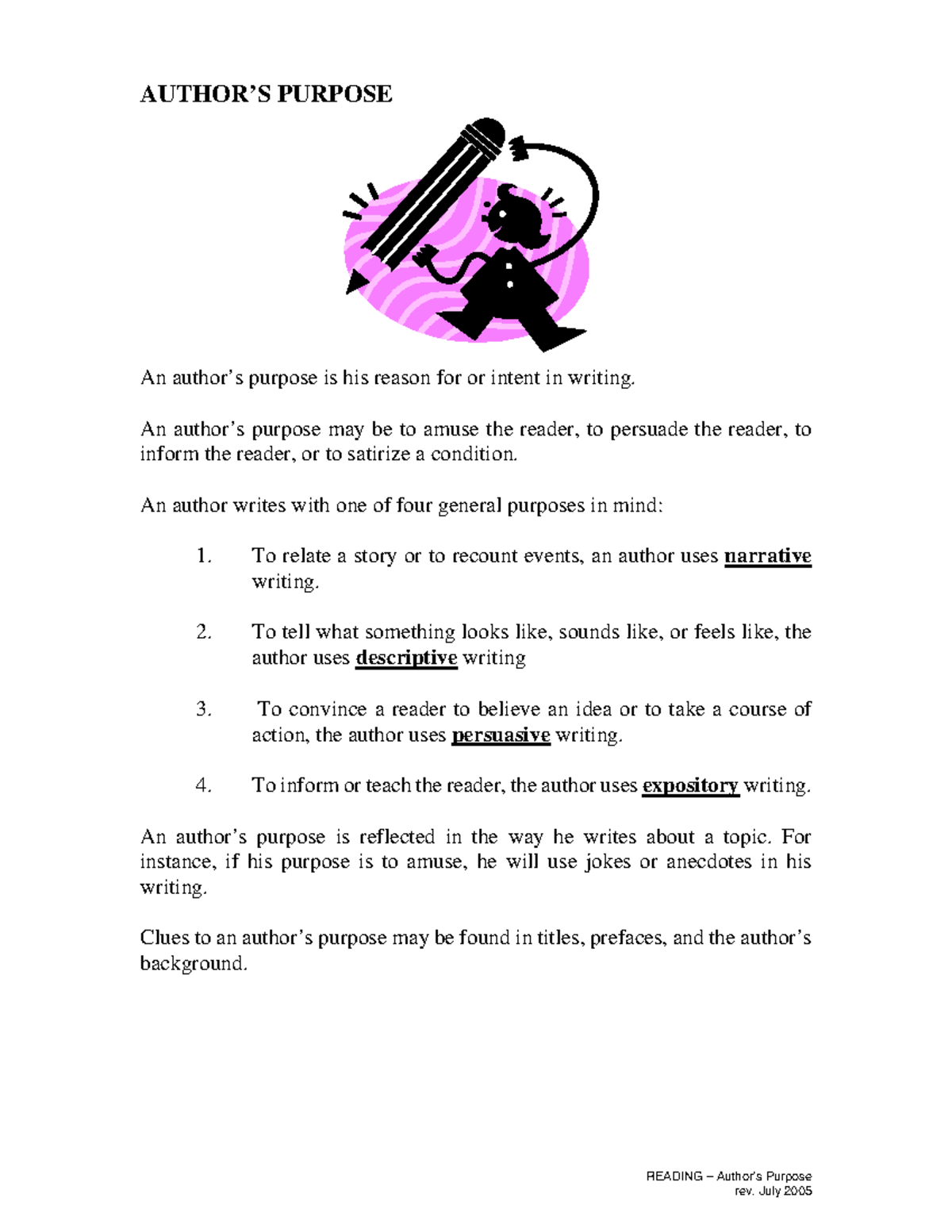 Author's purposerev 818 - READING – Author’s Purpose rev. July 2005 ...