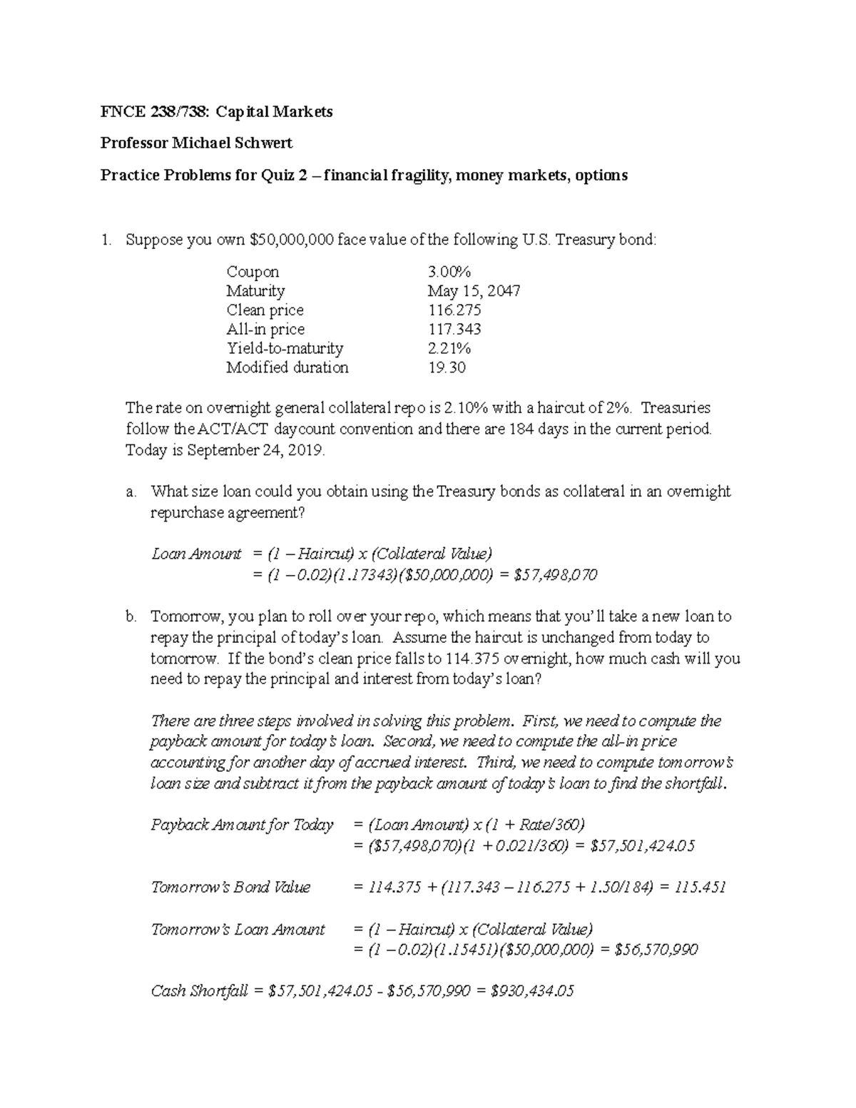Practice Problems - Quiz 2 (Solutions) - FNCE 238/738: Capital Markets ...
