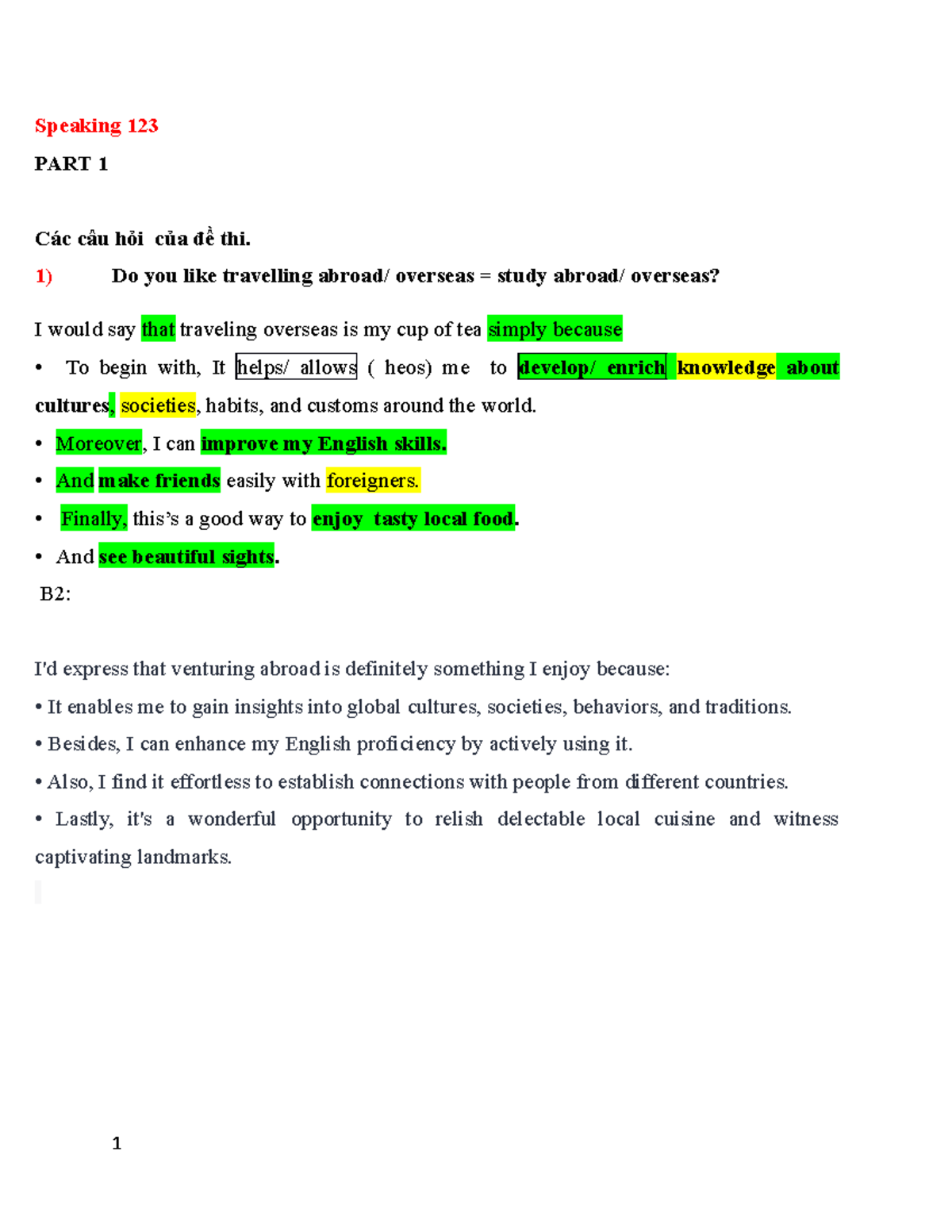 Speaking 123 - ádasdas - Speaking 123 PART 1 Các câu hỏi của đề thi. Do ...