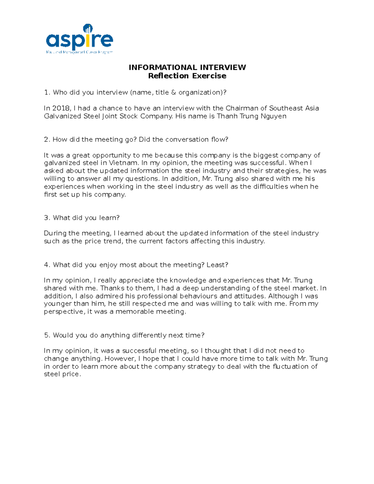 Informational Interview - Reflection Assignment - INFORMATIONAL INTERVIEW Reflection Exercise ...