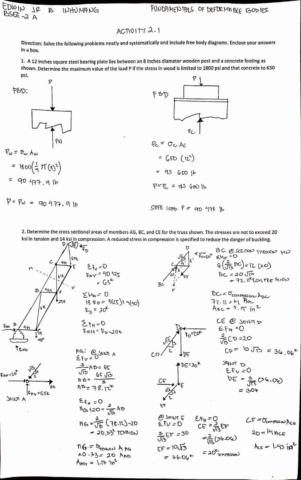 Fundamentals of Deformable Bodies Activity 2-1 - BS Electrical ...