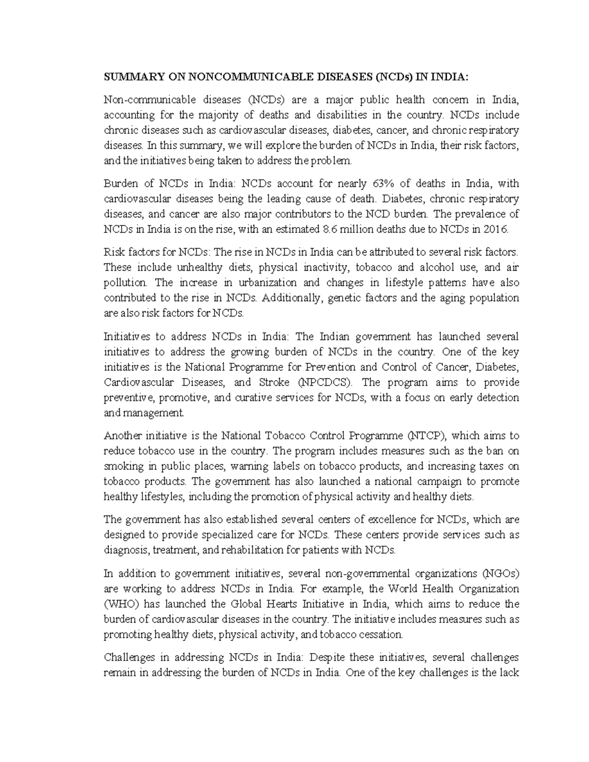 Summary ON Noncommunicable Diseases (NCDs) IN India - SUMMARY ON NONCOMMUNICABLE DISEASES (NCDs ...