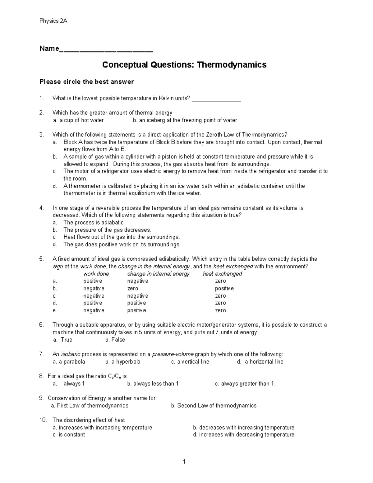 Thermo Questions - Practice Question - Physics 2A Name ...