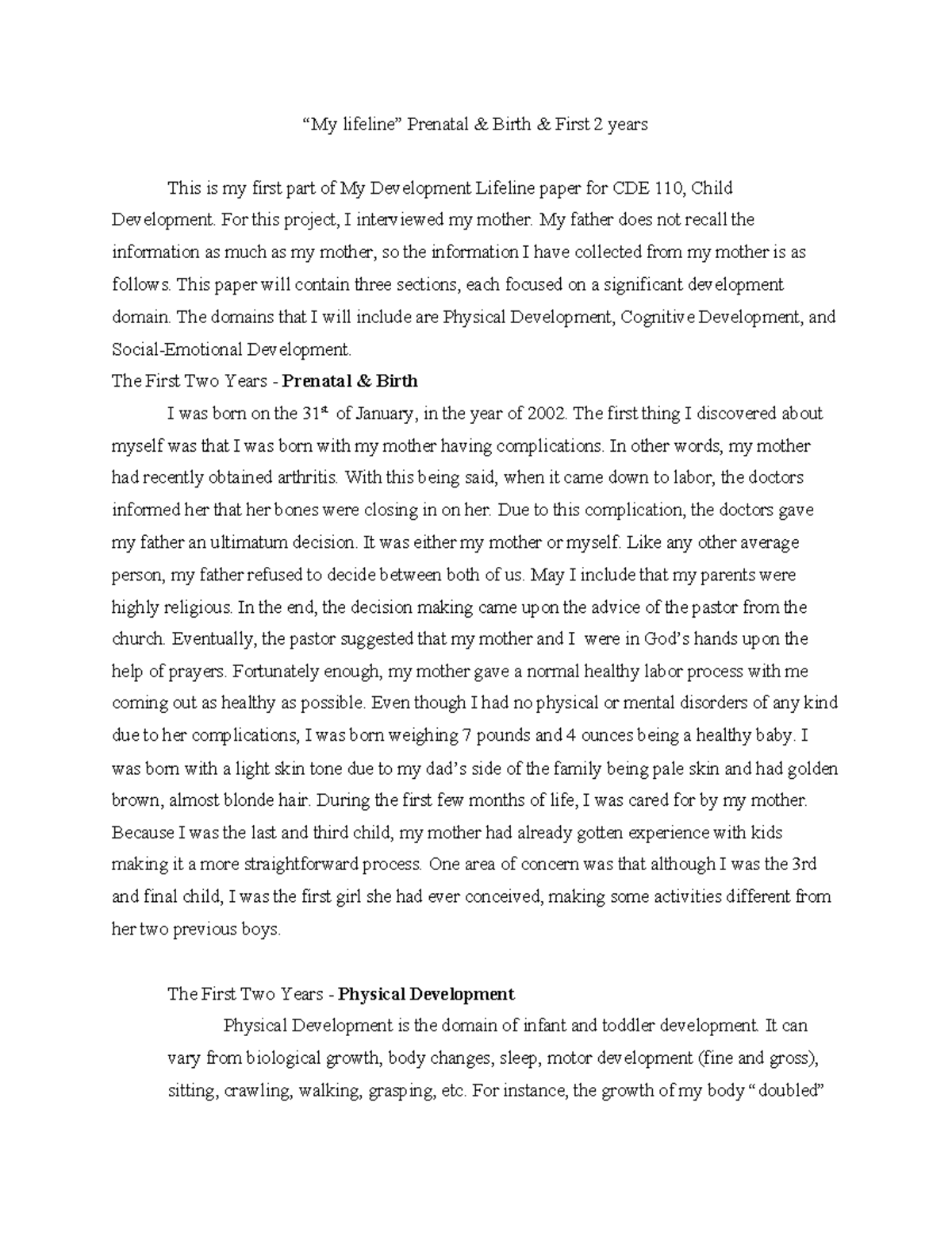 My Development Lifeline Paper- The first 2 years - “My lifeline ...