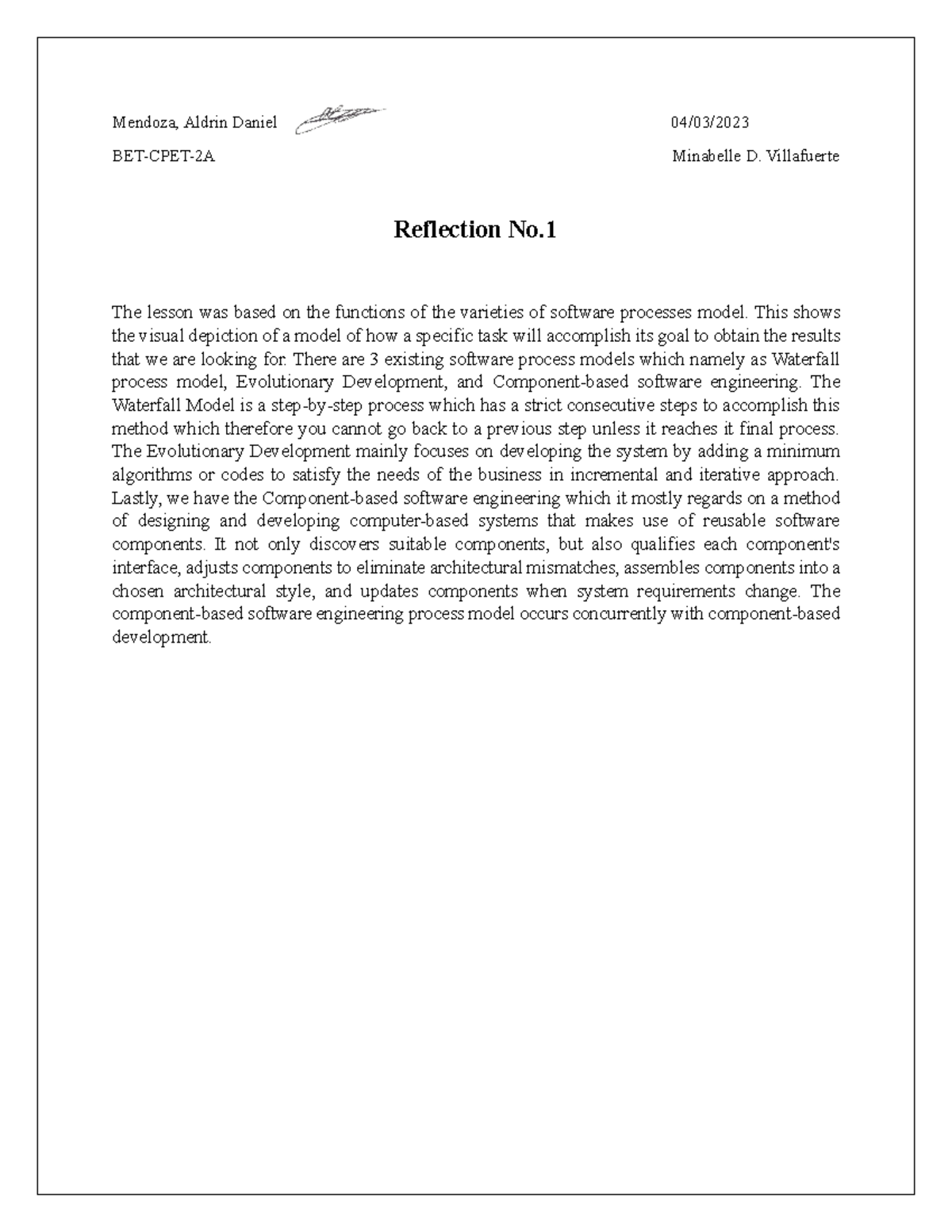Mendoza Assignment 1 - Reflection about software process model ...
