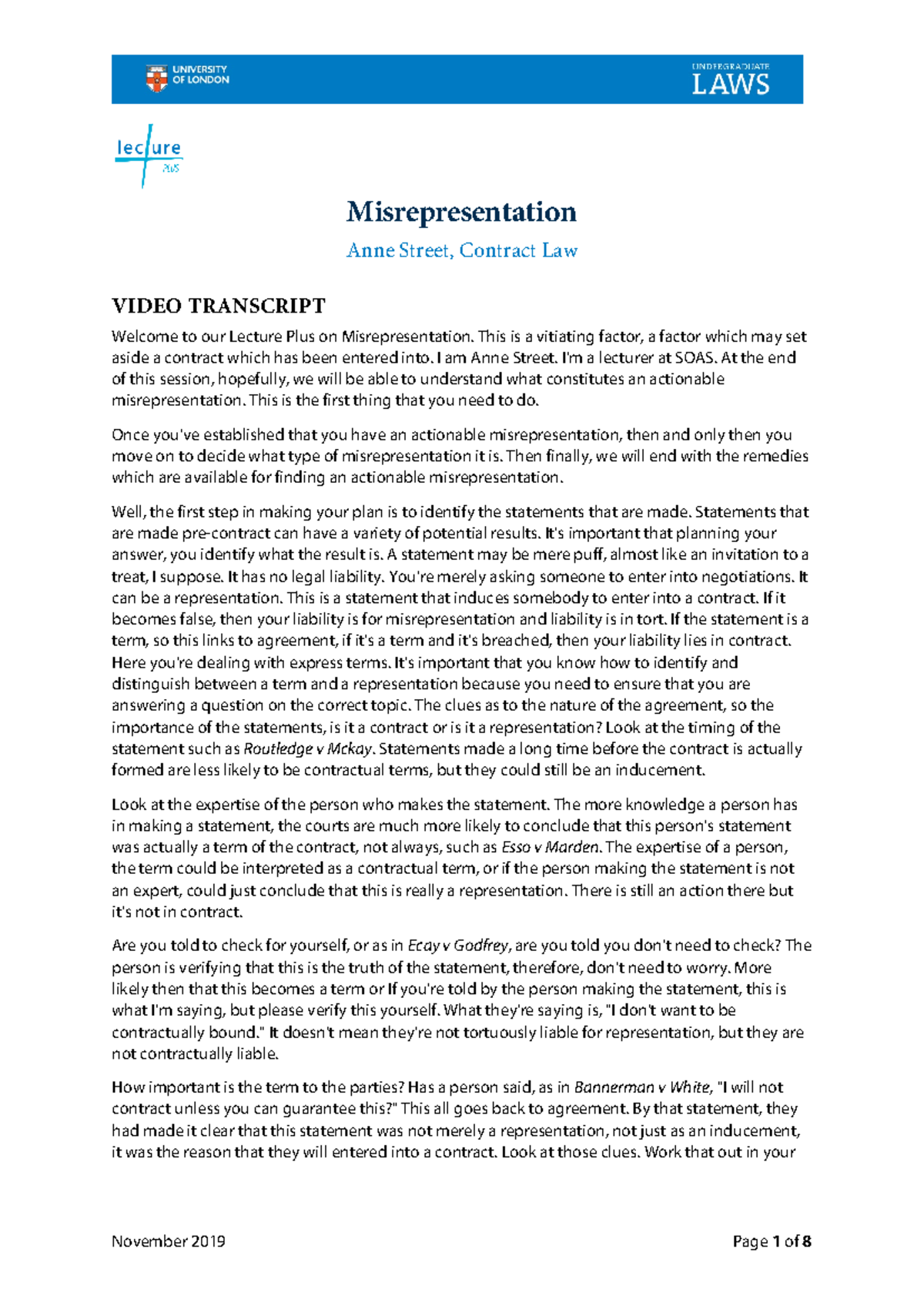 Lecture Plus Contract Nov 2019 - Transcript - November 2019 Page 1 of 8 Misrepresentation Anne ...
