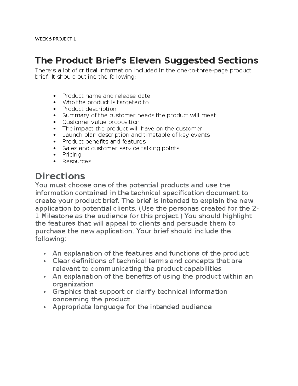 Week 5 project one - WEEK 5 PROJECT 1 The Product Brief’s Eleven Suggested Sections There’s a ...