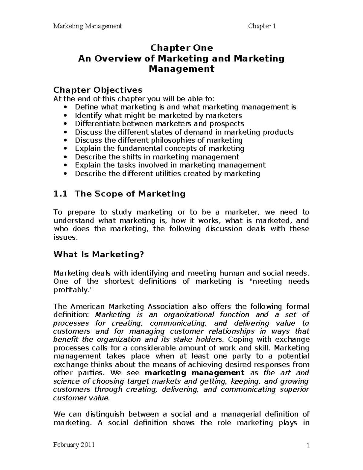 Marketing Chapter 1 - Chapter One An Overview of Marketing and ...