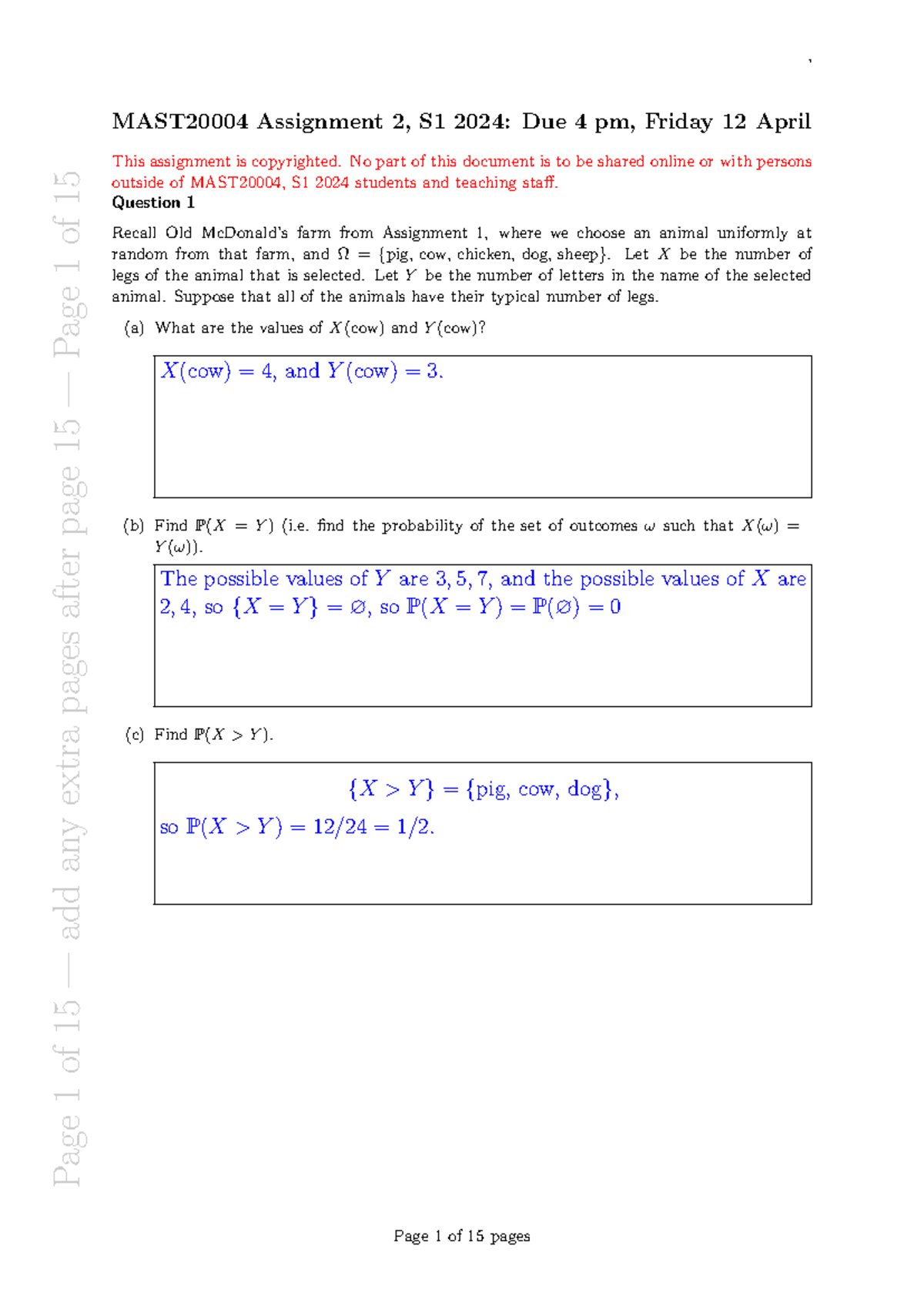 MAST20004 Assignment 2 2024 Solutions - Page 1 of 15 — add any extra pages after page 15 — Page ...