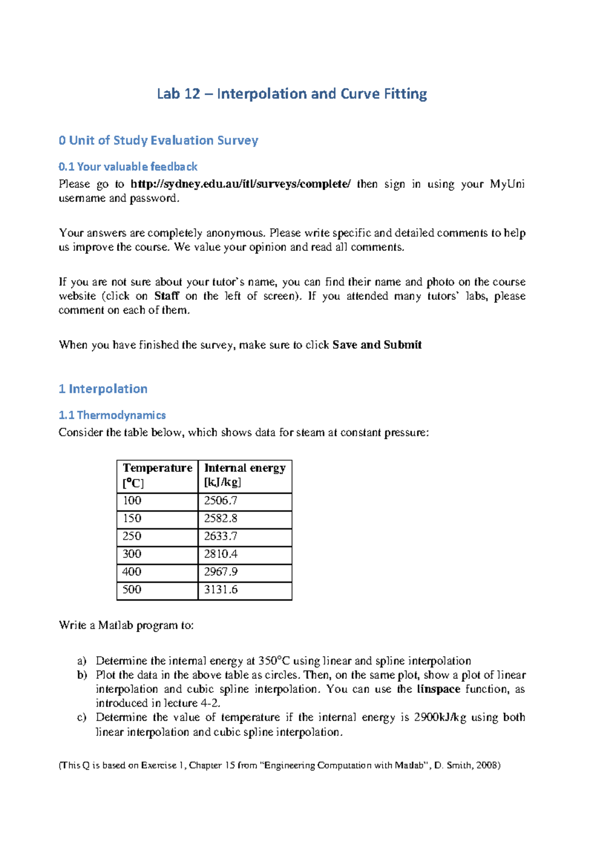 2017 Lab 12 for ENGG1801 - Lab 12 – Interpolation and Curve Fitting 0 Unit of Study Evaluation ...