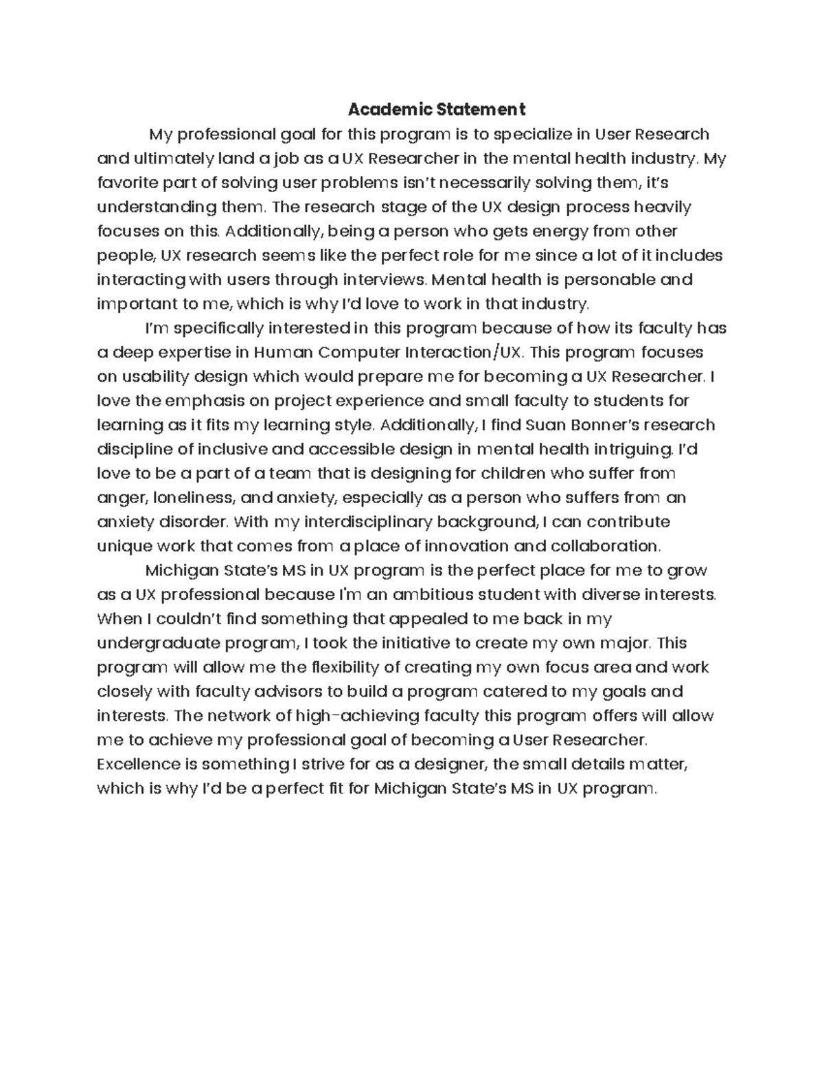 Michigan State Academic Statement - Academic Statement My professional ...