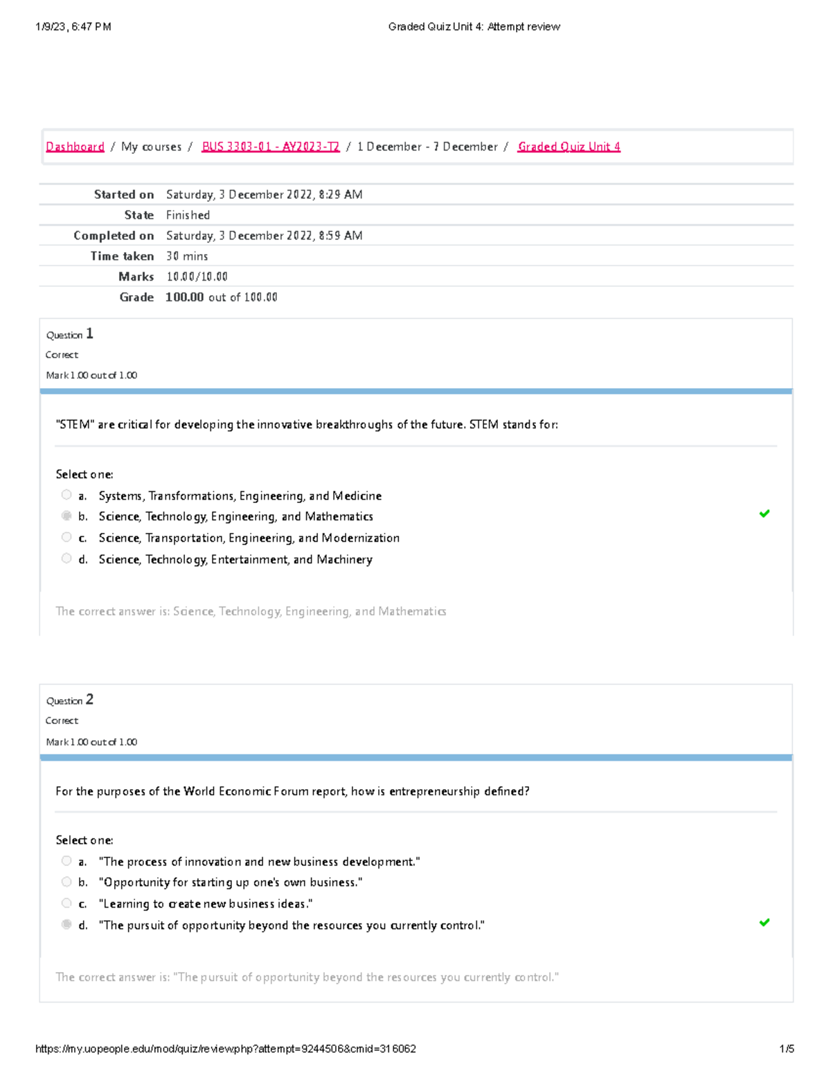 BUS 3303-01 Entrepreneurship 1 - AY2023-T2 Graded Quiz Unit 4 - Started on Saturday, 3 December ...