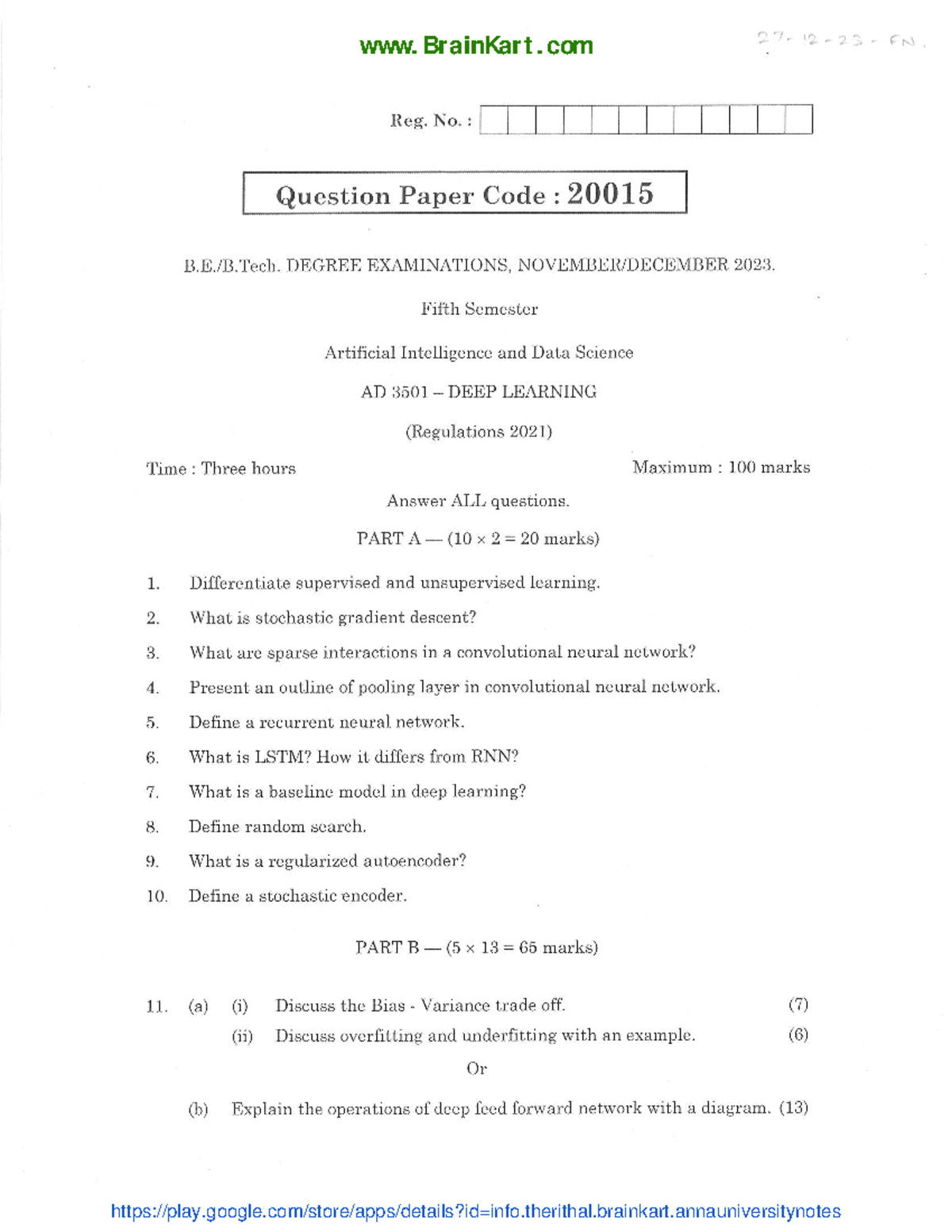 Deep Learning - AD3501 2021 Regulation - Question Paper 2023 Nov Dec ...