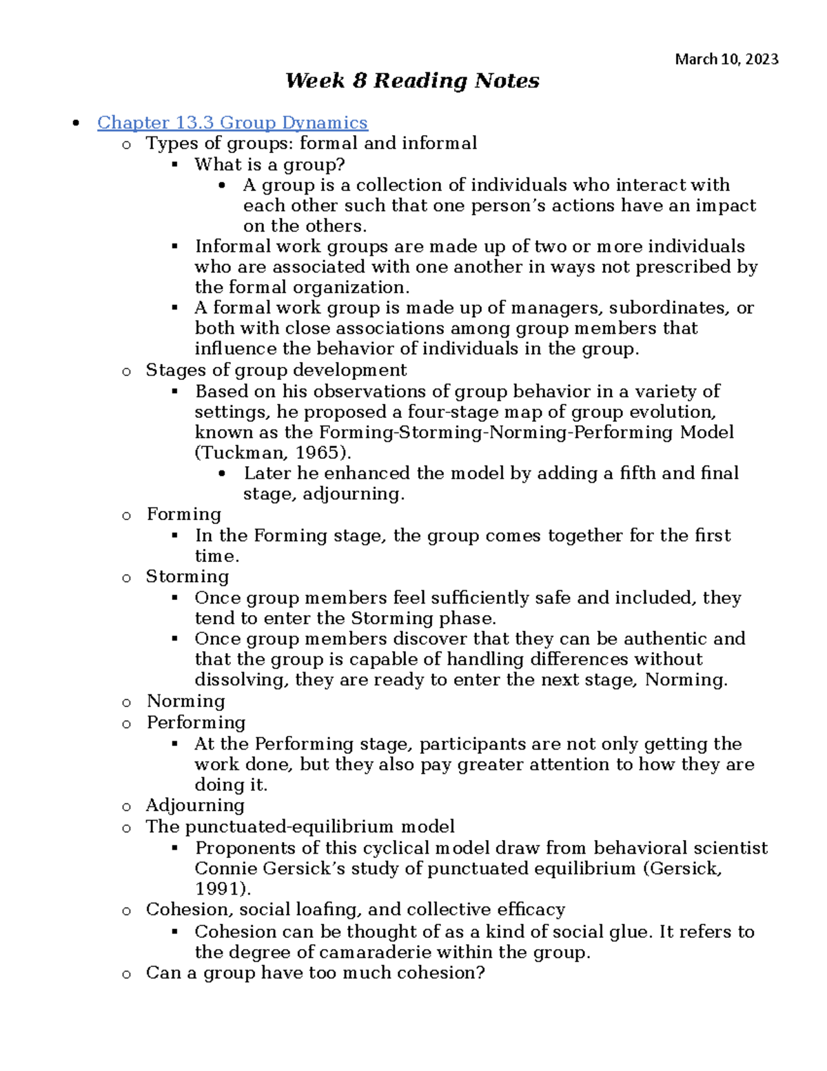 Week 8 Reading Notes - Week 8 Reading Notes Chapter 13 Group Dynamics o ...