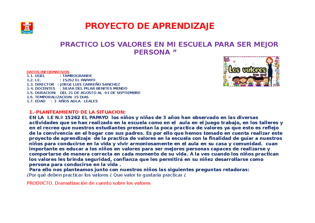 Proyecto DE Aprendizaje 01 DE Setiembre DEL 2023 Inicial - PROYECTO DE APRENDIZAJE PRACTICO LOS ...