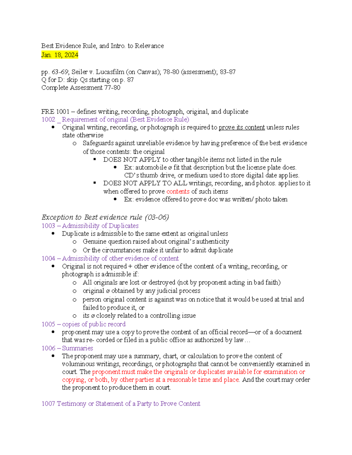 Best Evidence Rule - to Relevance Jan. 18, 2024 pp. 63-69; Seiler v ...