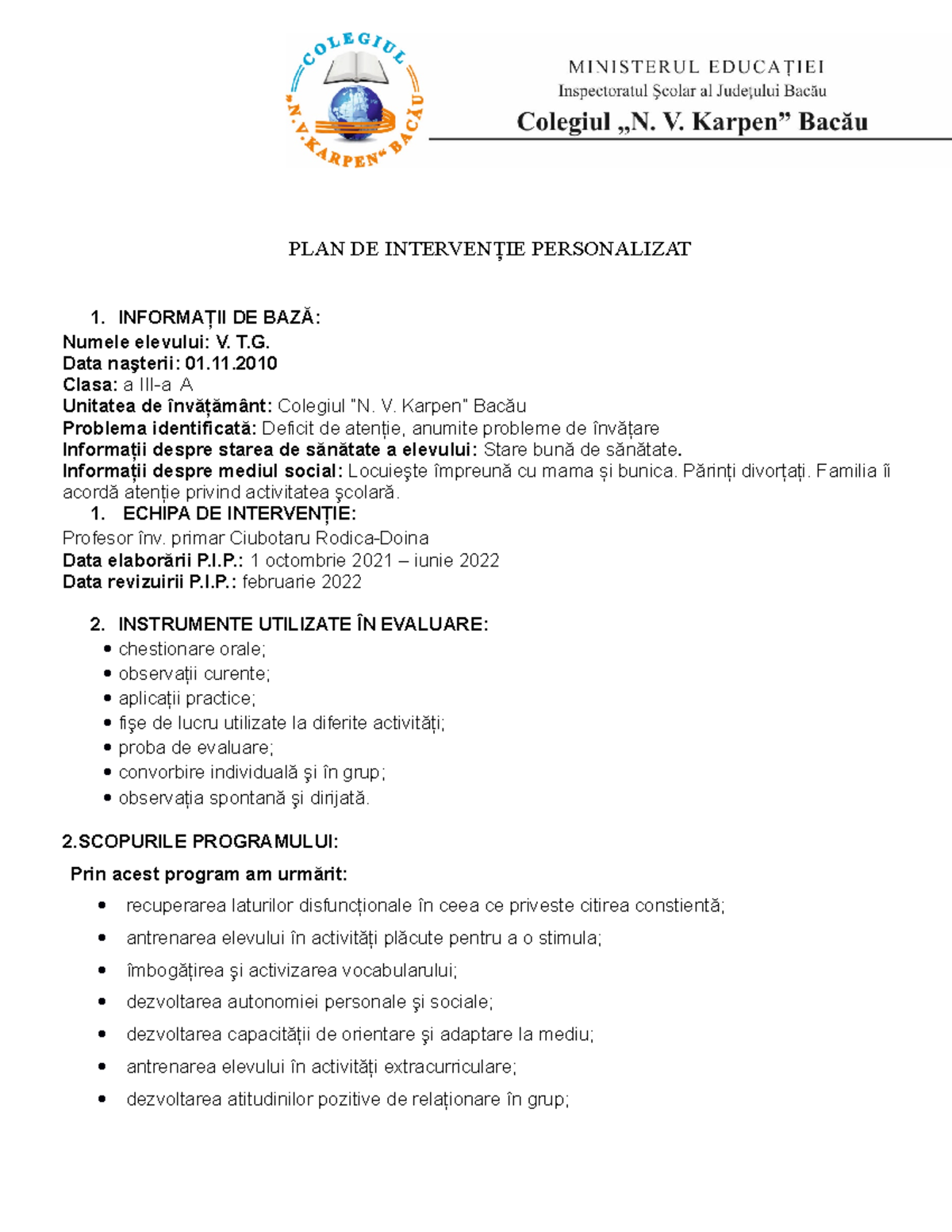 Plan de intervenție clasa a III-a NVK - PLAN DE INTERVENŢIE ...