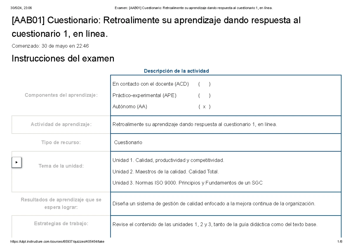 Examen [AAB01] Cuestionario Retroalimente su aprendizaje dando respuesta al cuestionario 1, en ...