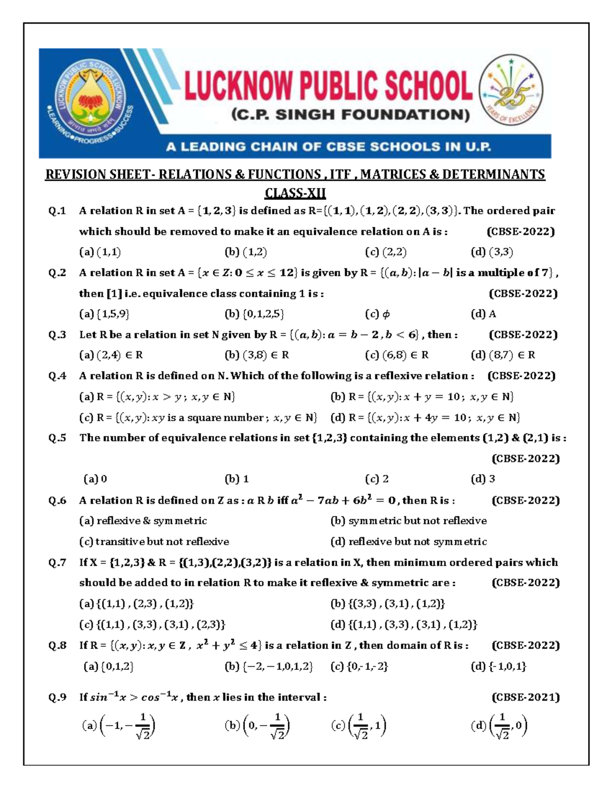 Revision Sheet ch 1,2,3,4 - REVISION SHEET- RELATIONS & FUNCTIONS , ITF ...