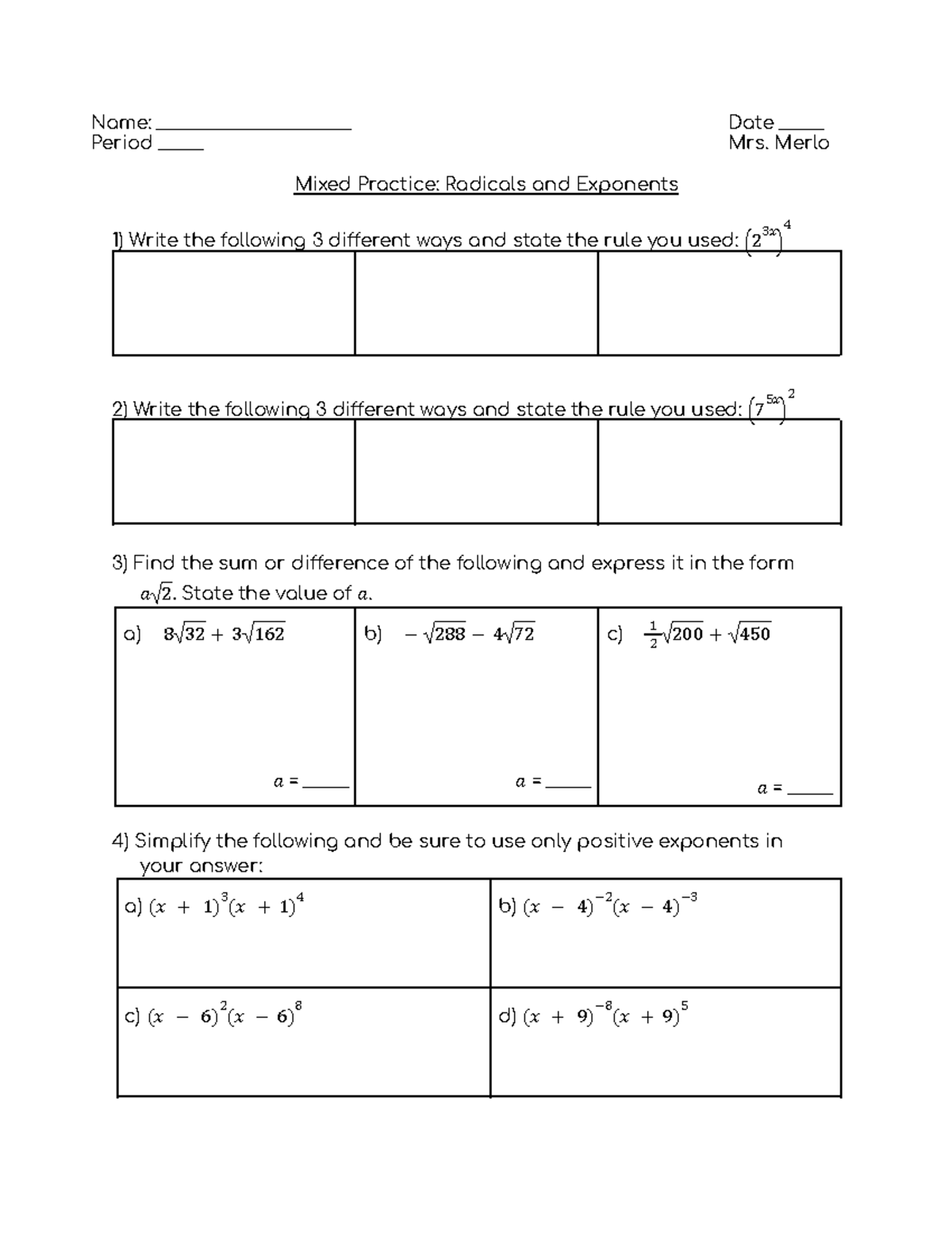 Mixed Practice Radicals and Exponents - Name ...
