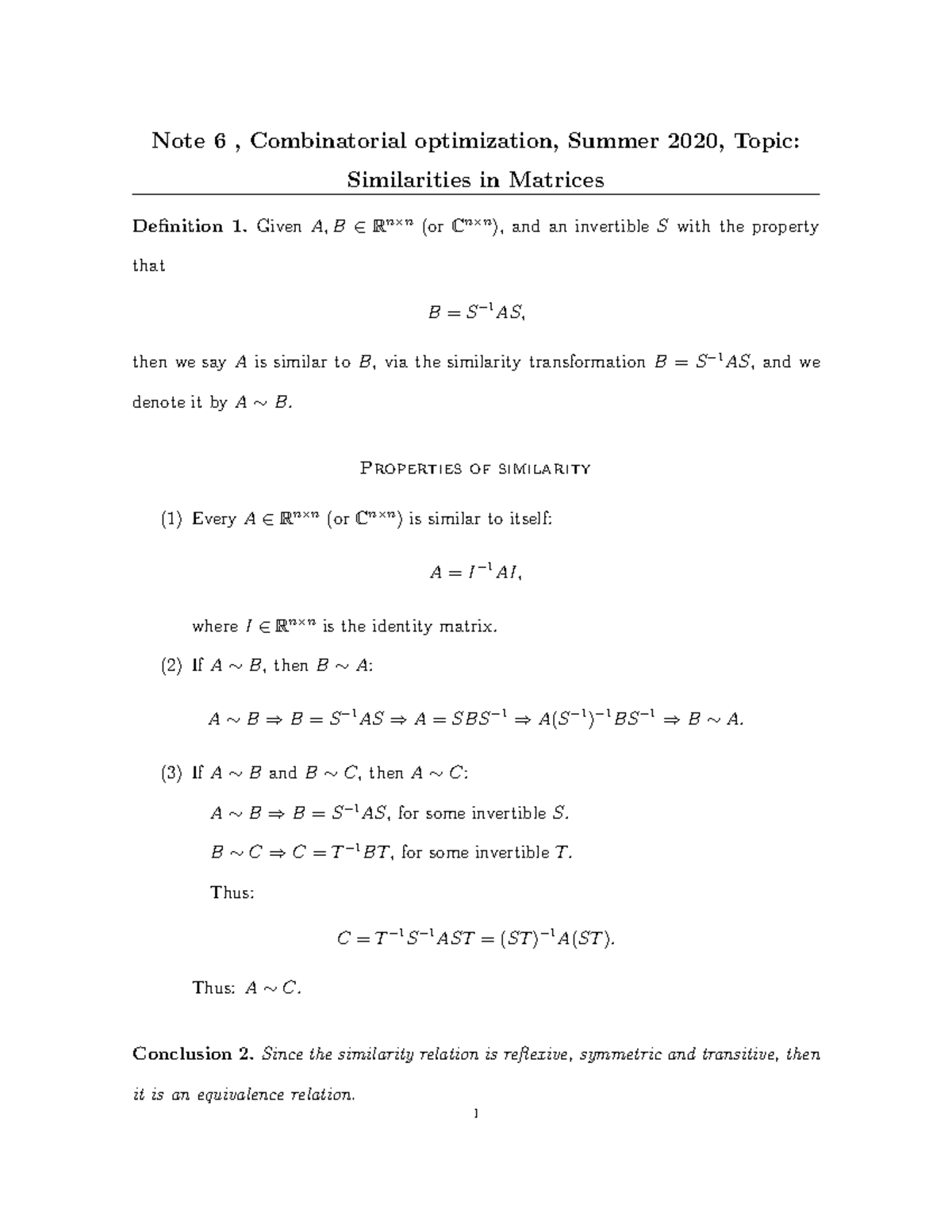 Note11 - Similarities in Matrices - Note 6 , Combinatorial optimization, Summer 2020, Topic ...