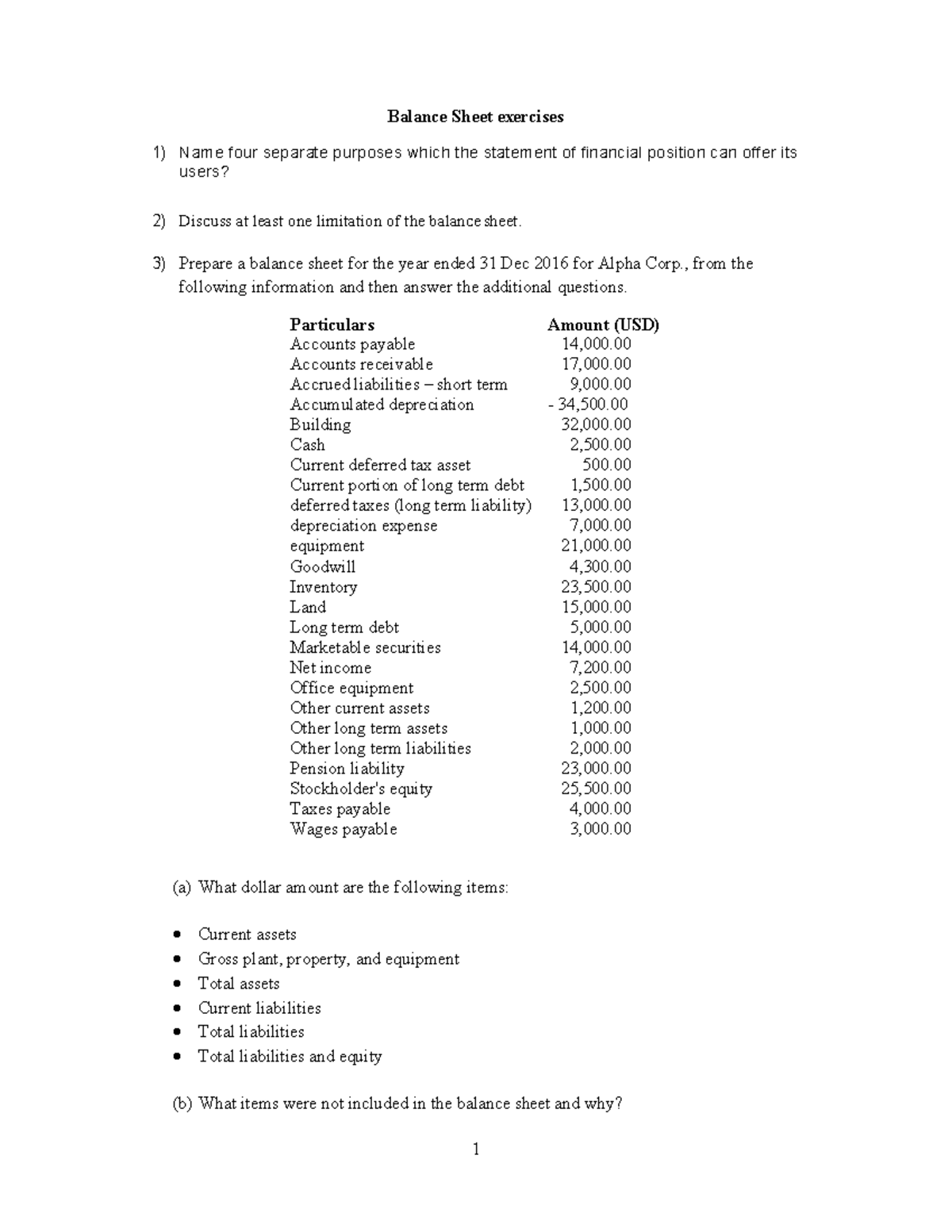 Tutorial 1 Balance Sheet - Balance Sheet exercises 1) Name four ...