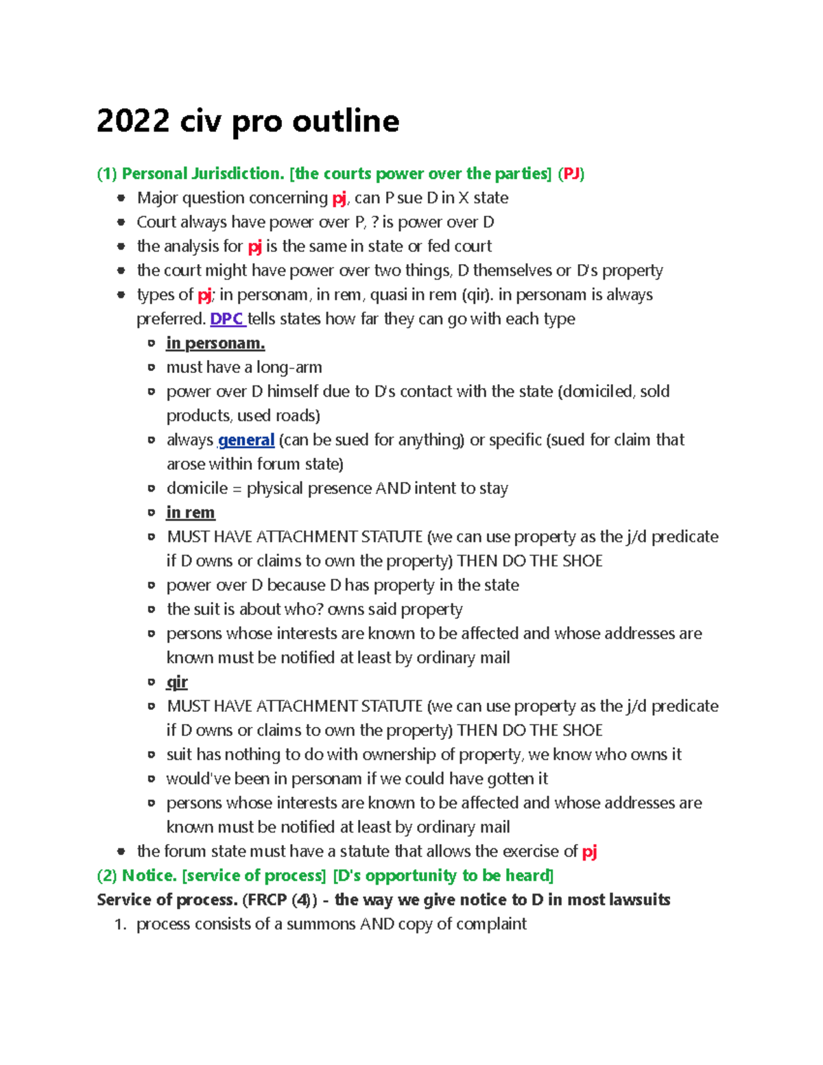2022 Civ Pro Outline: Personal Jurisdiction Notice Subject Matter ...