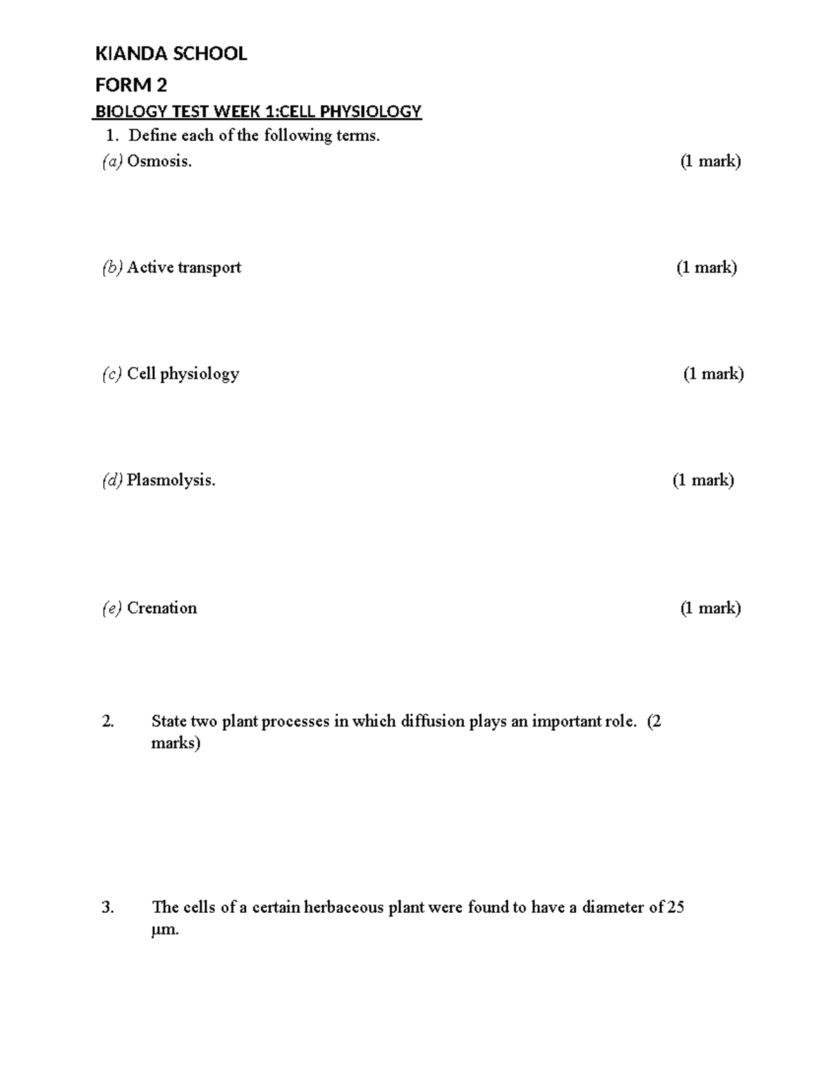 WEEK 1 Biology TEST - Google Docs - KIANDA SCHOOL FORM 2 BIOLOGY TEST ...