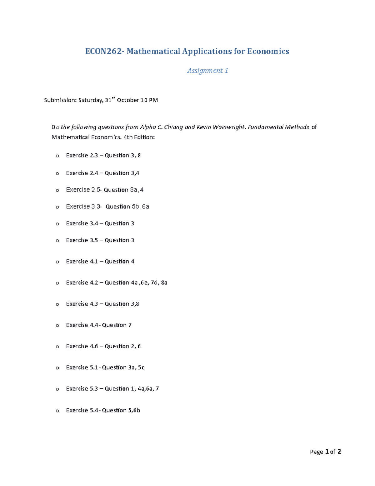 MathApp - Assignment 1 - ECON262- Mathematical Applications for ...