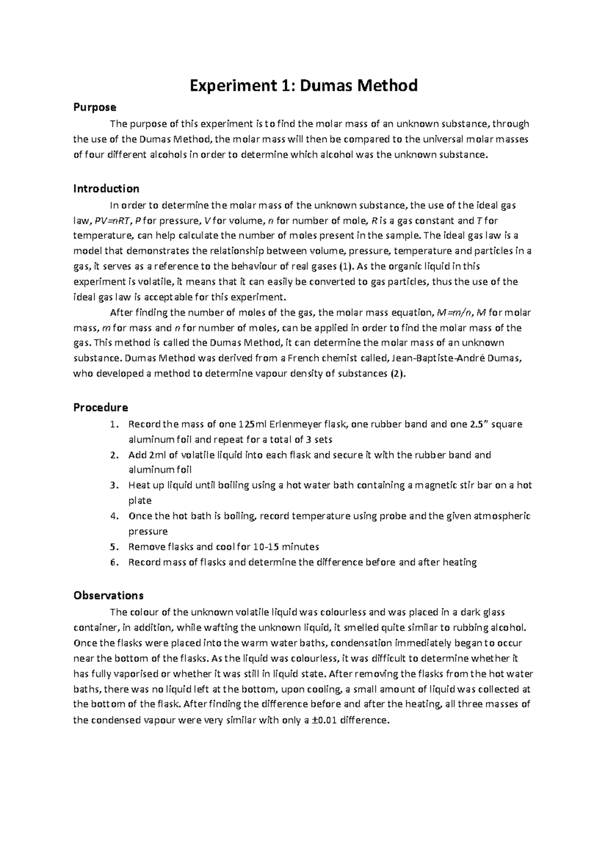 Dumas Method Lab - First Chemistry lab in Chem 112 - Experiment 1 ...